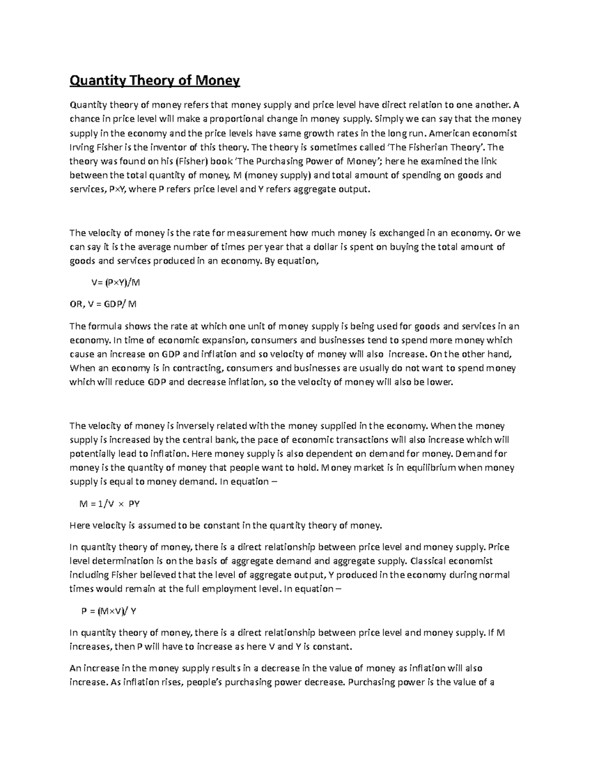 Chapter 2 - Good - Quantity Theory of Money Quantity theory of money ...