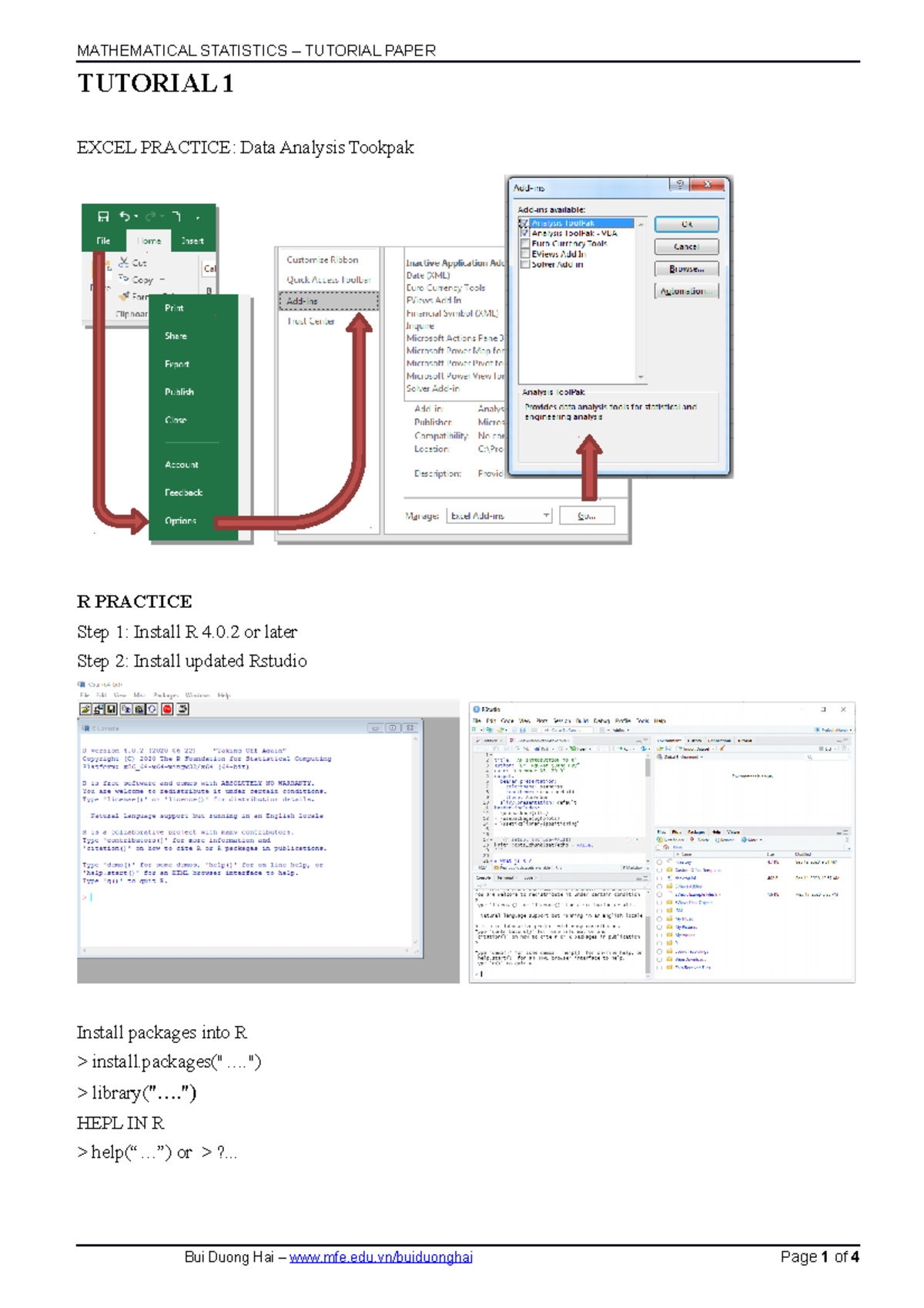 MStat Tutor 01 - nah - TUTORIAL 1 EXCEL PRACTICE: Data Analysis Tookpak R PRACTICE Step 1 ...