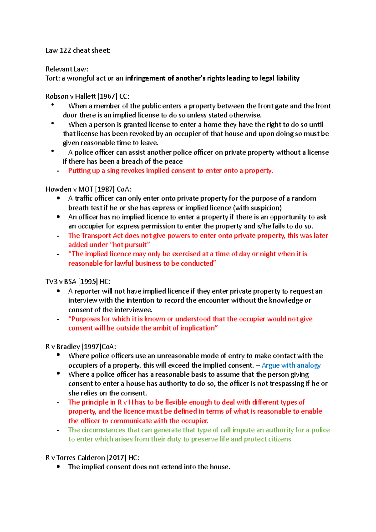 LAW122 Trespass Cheat Sheet - Law 122 cheat sheet: Relevant Law: Tort ...
