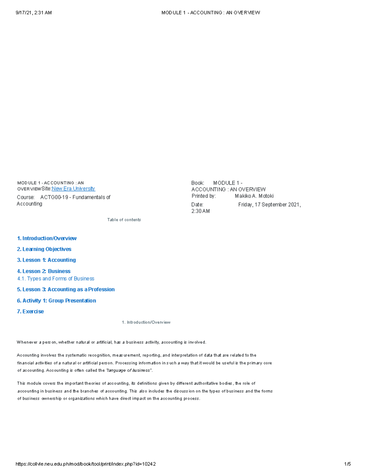 Module 1 - Accounting AN Overview for First Year - MODULE 1 ...