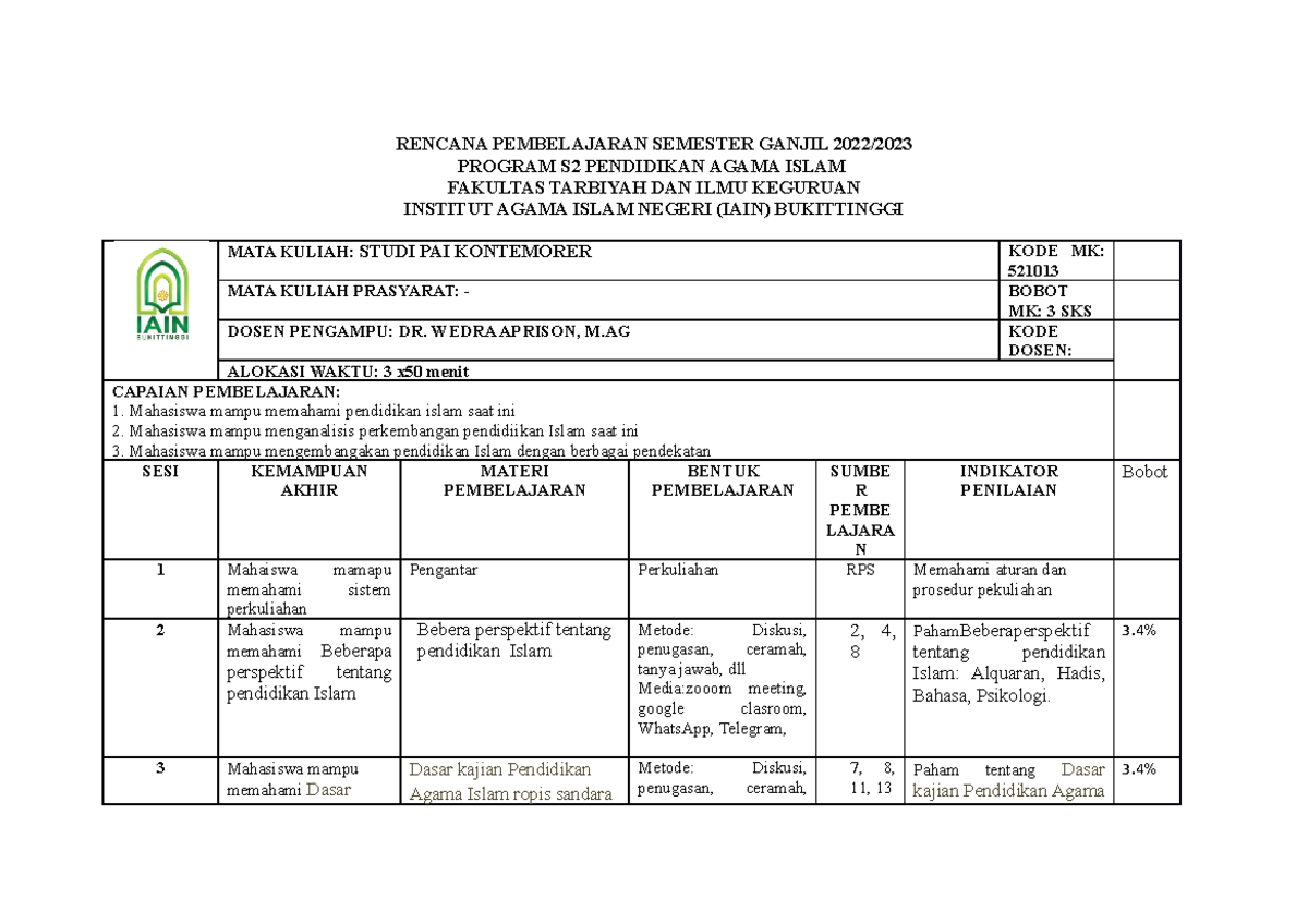 1 RPS Studi PAI Kontemporter 2023 - RENCANA PEMBELAJARAN SEMESTER ...