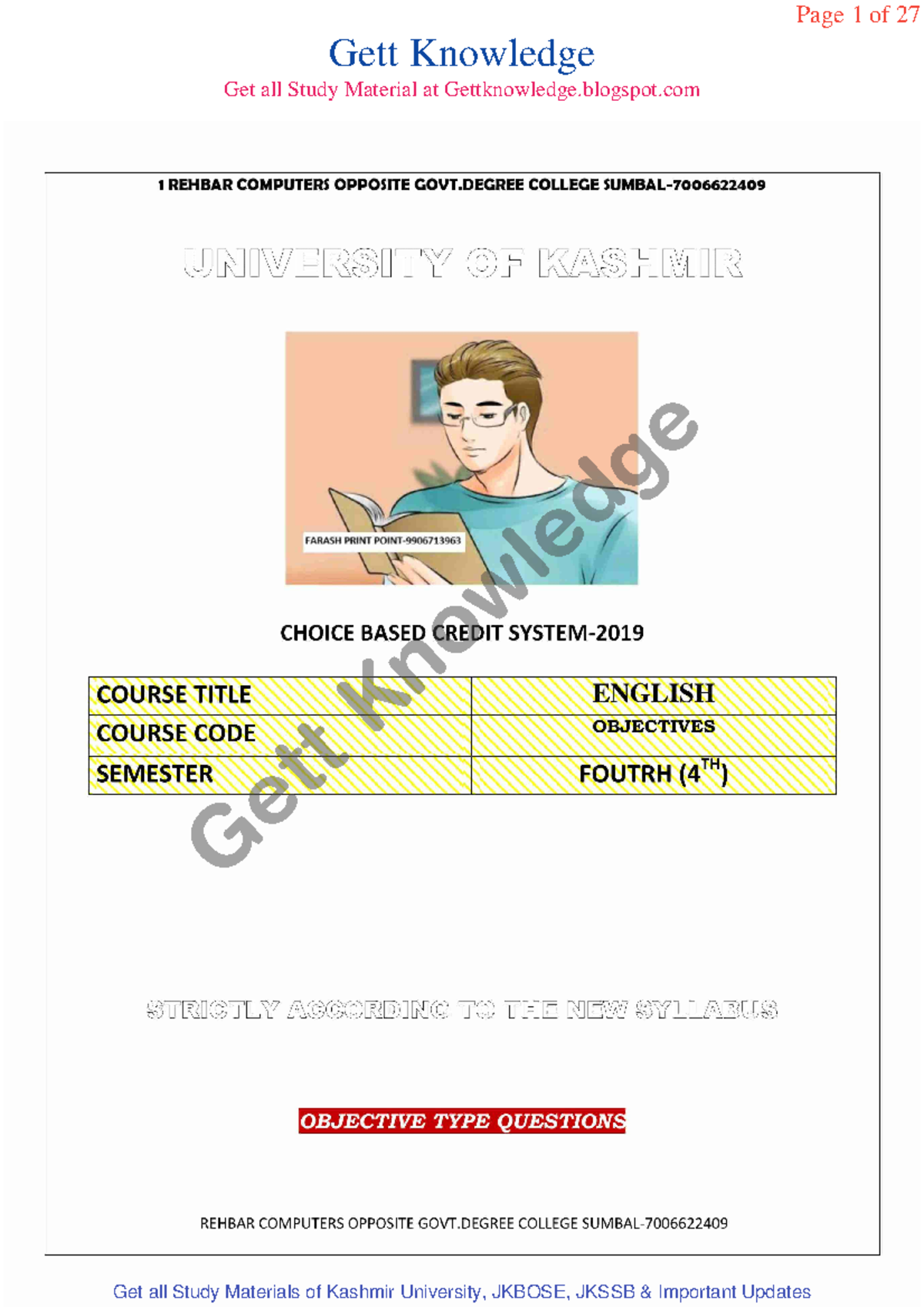 4TH SEM English OBJ 2019 - 1 REHBARCOMPUTERSOPPOSITEGOVT- ####### UNIVERSITY OF KASHMIR - Studocu