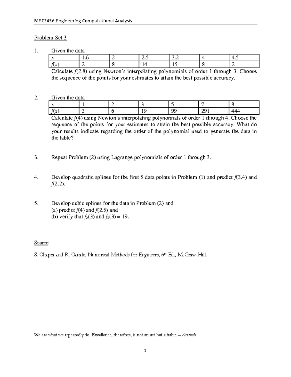 PS3 - MEC3456 Engineering Computational Analysis 1 Problem Set 3 Given ...