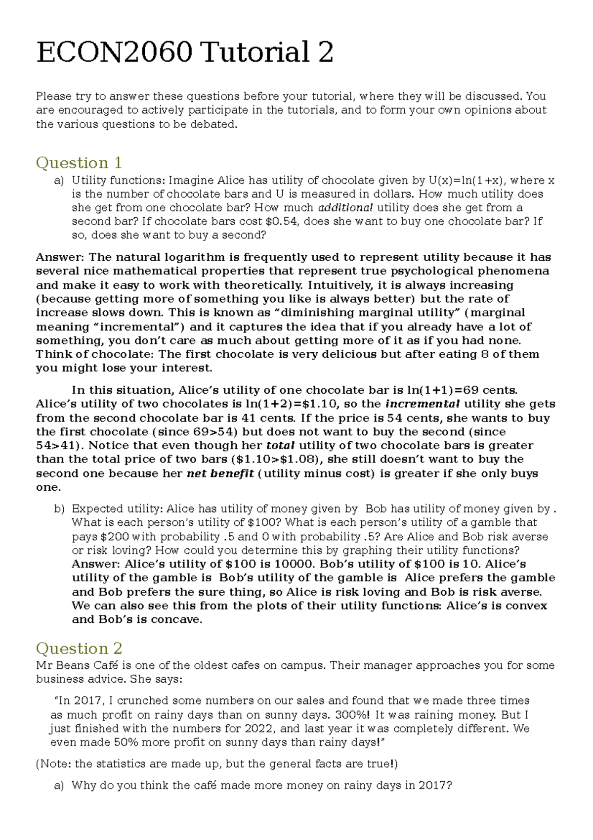 Tutorial 2 Solutions - ECON2060 Tutorial 2 Please try to answer these ...