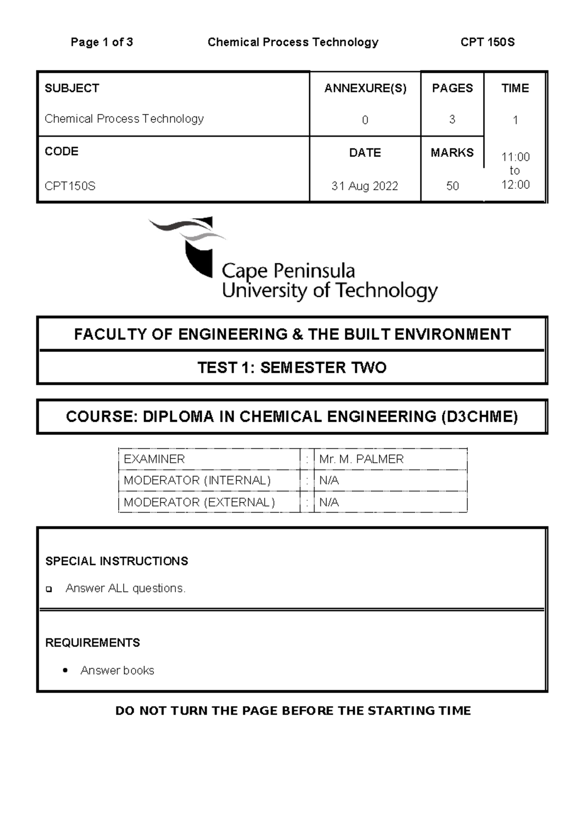 CPT 150S 2022 Test 1 Question Paper(1) - Page 1 of 3 Chemical Process ...