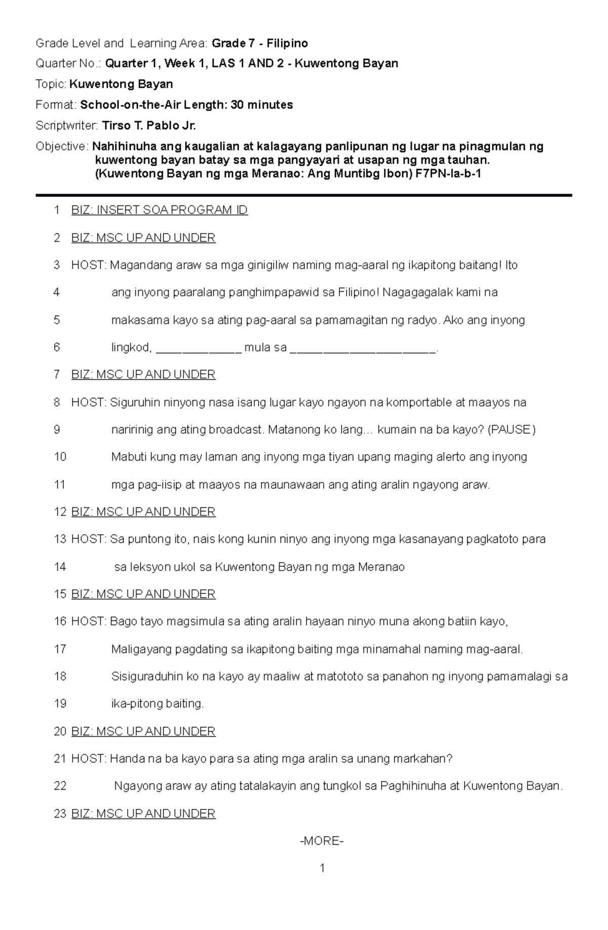 Filipino 7 RBI WEEK 1 LAS 1 AND 2 Final - Grade Level and Learning Area ...
