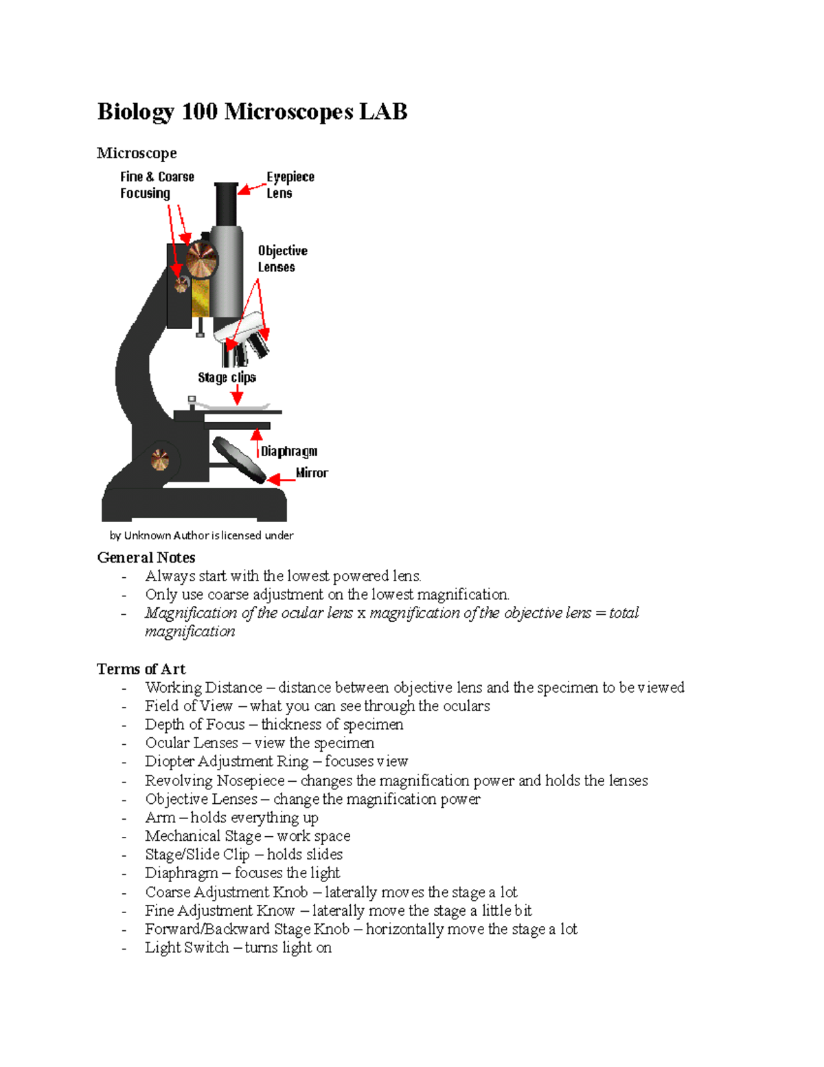 Biology 100 Microscopes LAB - Bellevue College - Biology 100 ...