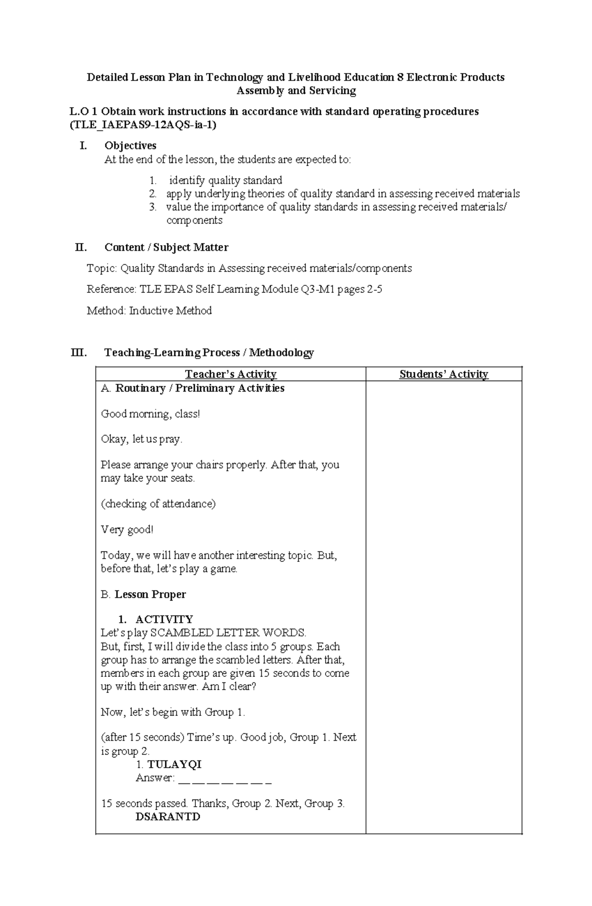 DLP TLE 8 Q3-D1 - Detailed Lesson Plan in Technology and Livelihood ...