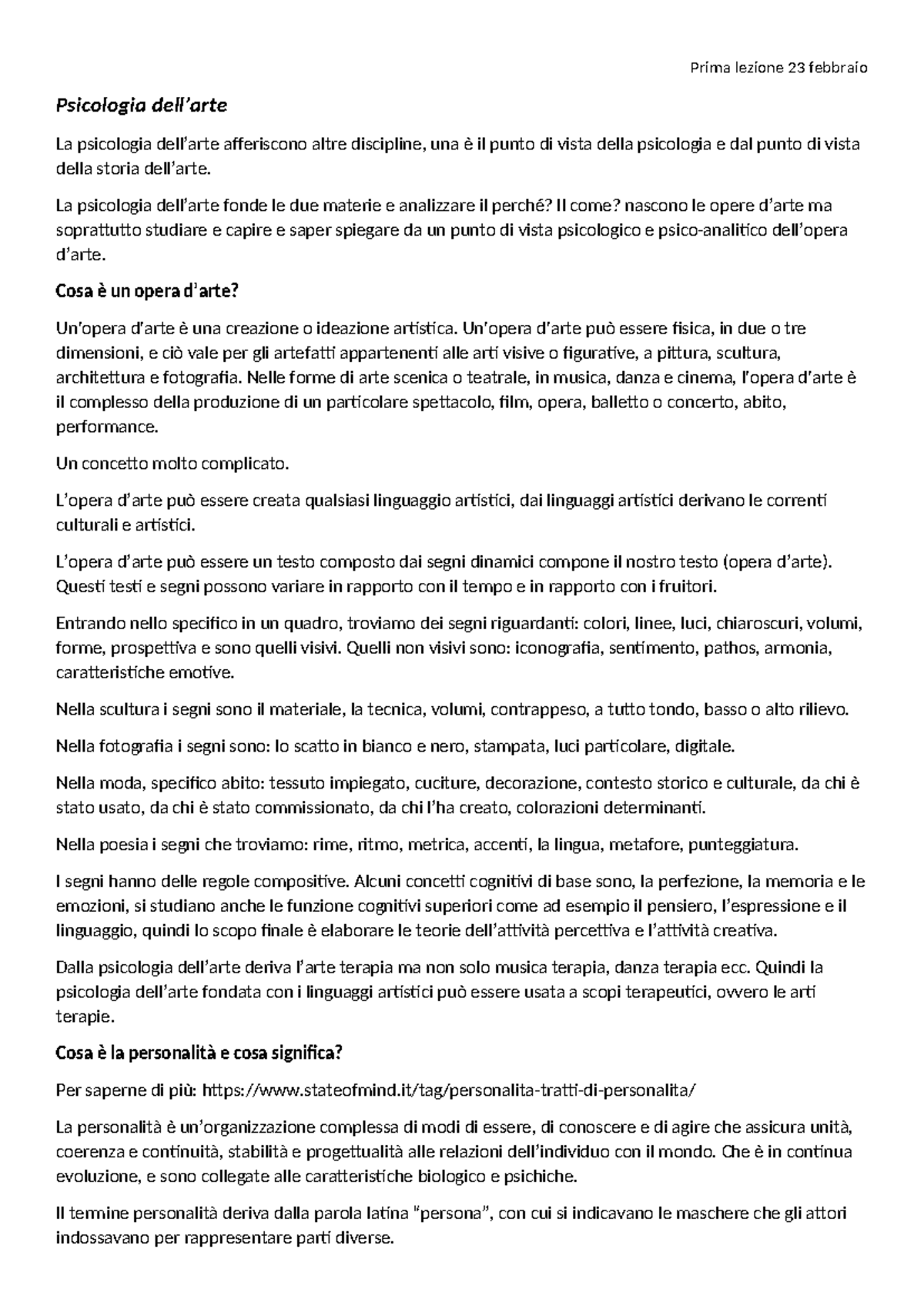 Appunti Psicologia dell'arte - Prima lezione 23 febbraio Psicologia ...