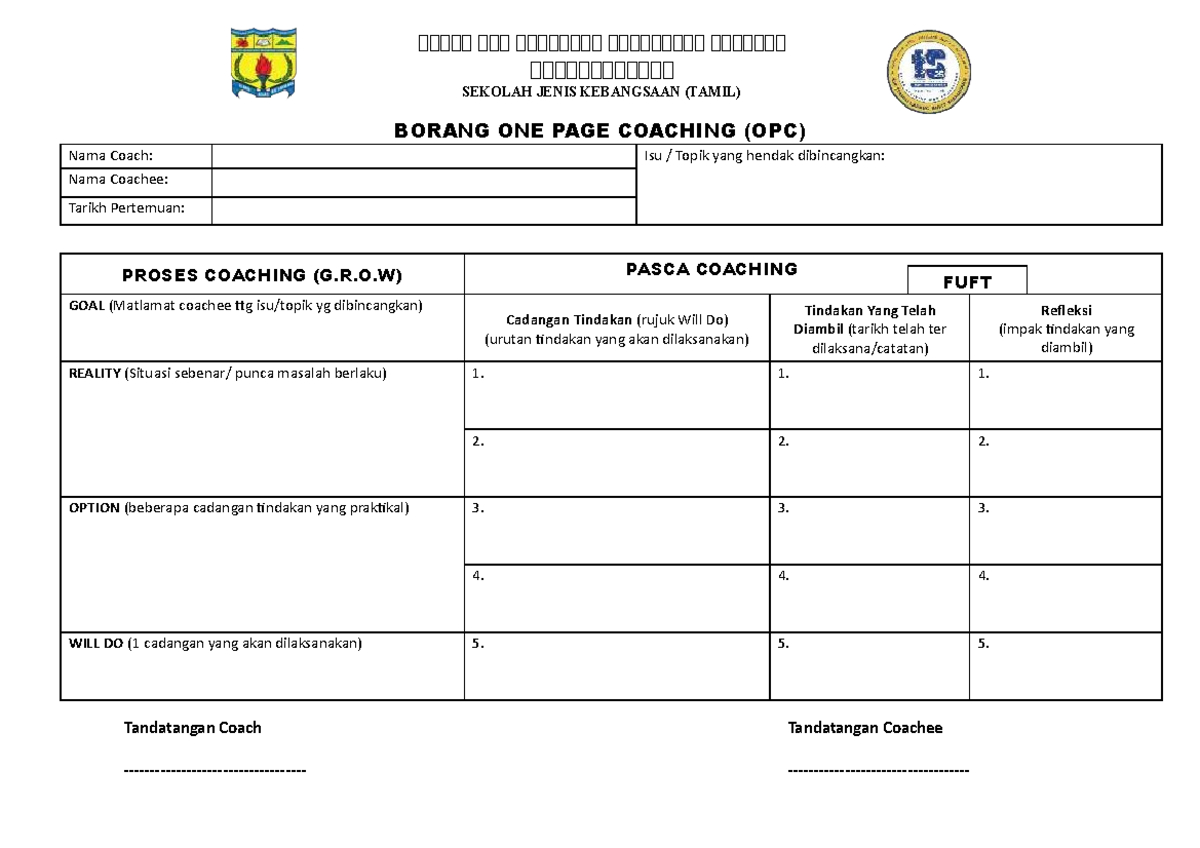 Borangonepagecoaching - BORANG ONE PAGE COACHING (OPC) Nama Coach: Isu / Topik yang hendak - Studocu