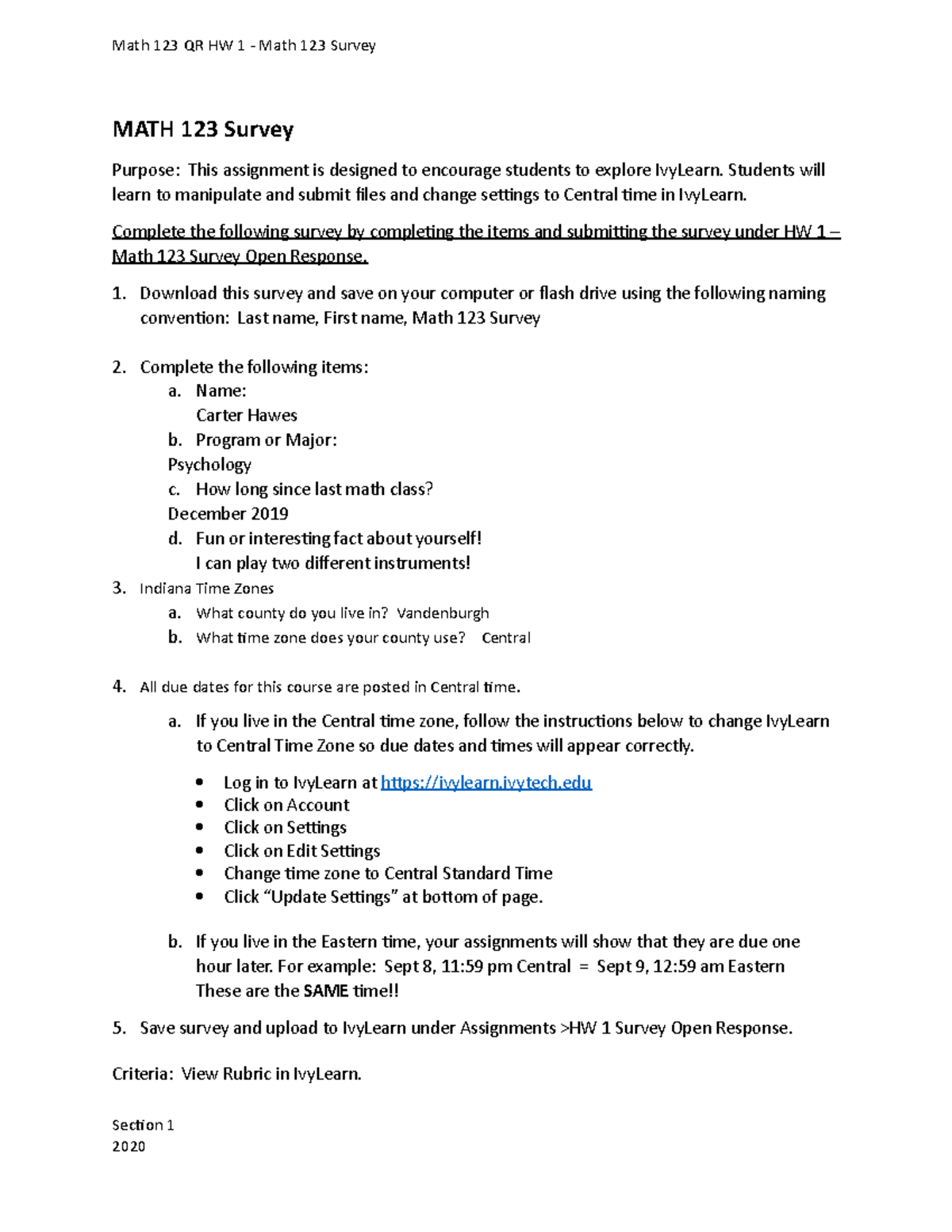 Math 123 Survey - Math 123 QR HW 1 - Math 123 Survey MATH 123 Survey ...