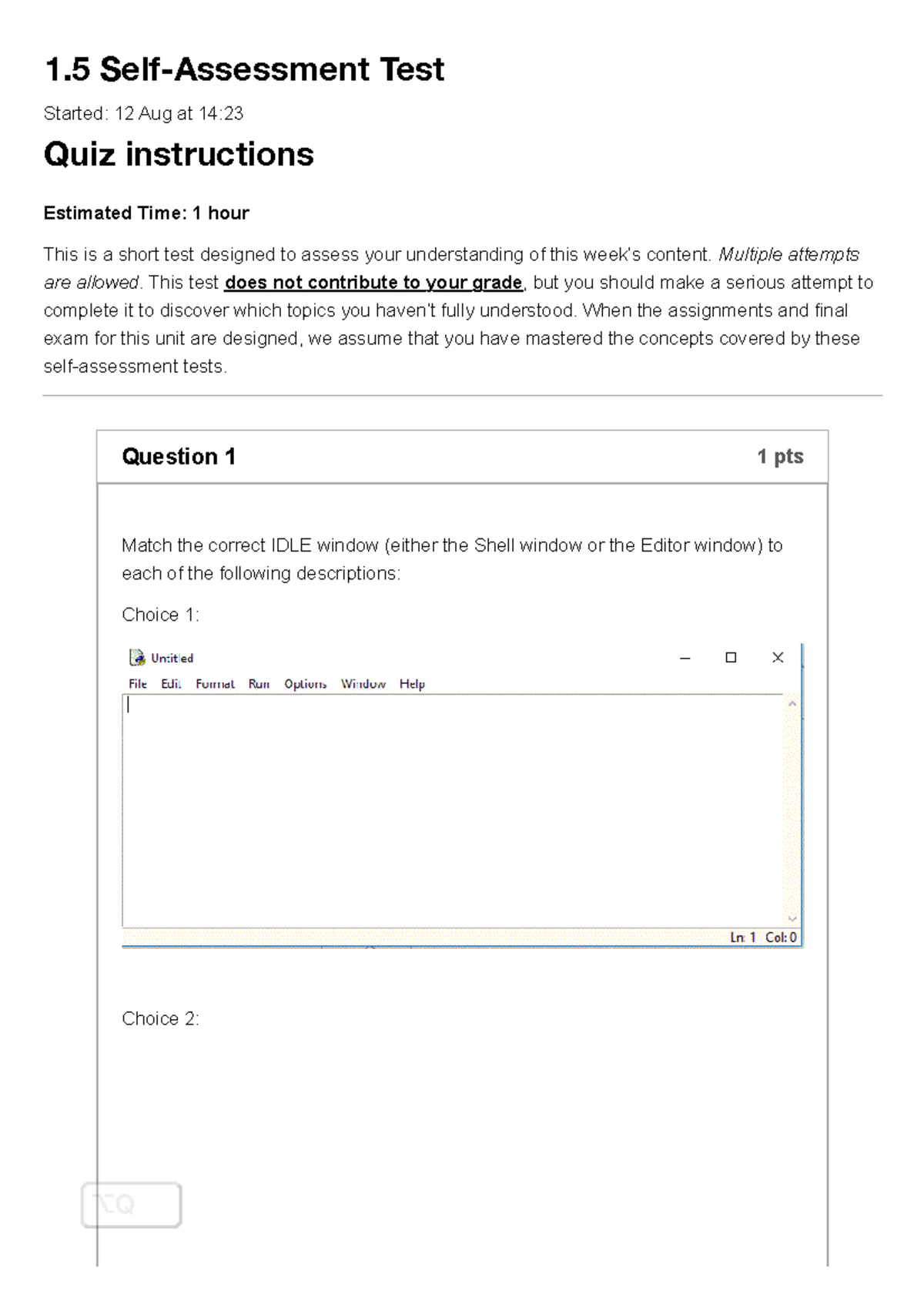 Quiz 1.5 Self-Assessment Test - 1 Self-Assessment Test Started: 12 Aug ...
