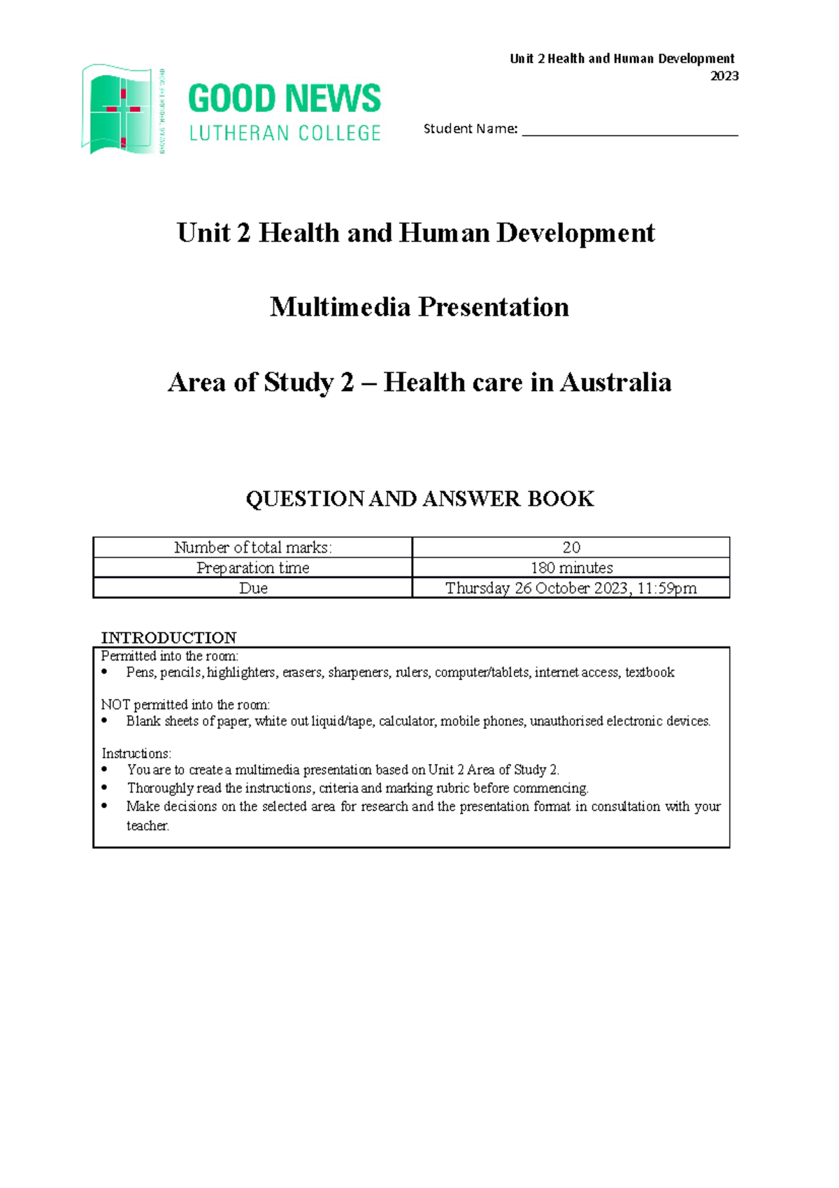11 HHD SAC 4 - Sac Cover sheet - Unit 2 Health and Human Development ...