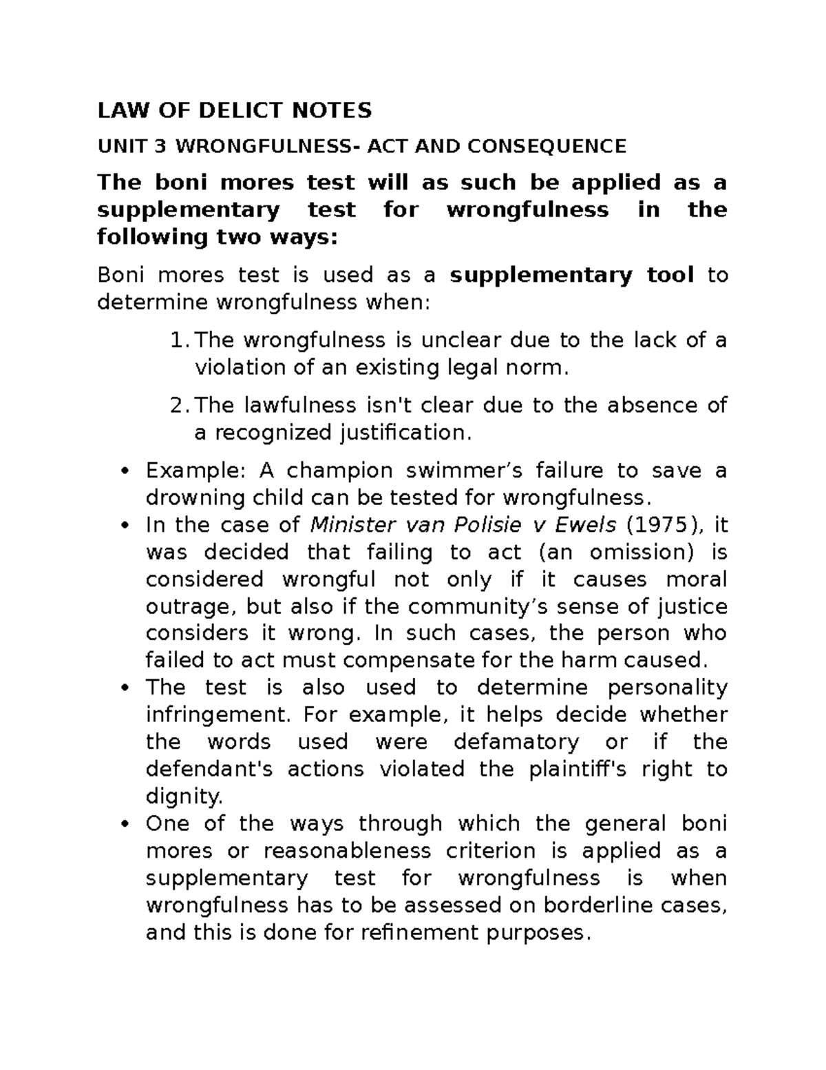 LAW OF Delict Notes - LAW OF DELICT NOTES UNIT 3 WRONGFULNESS- ACT AND ...