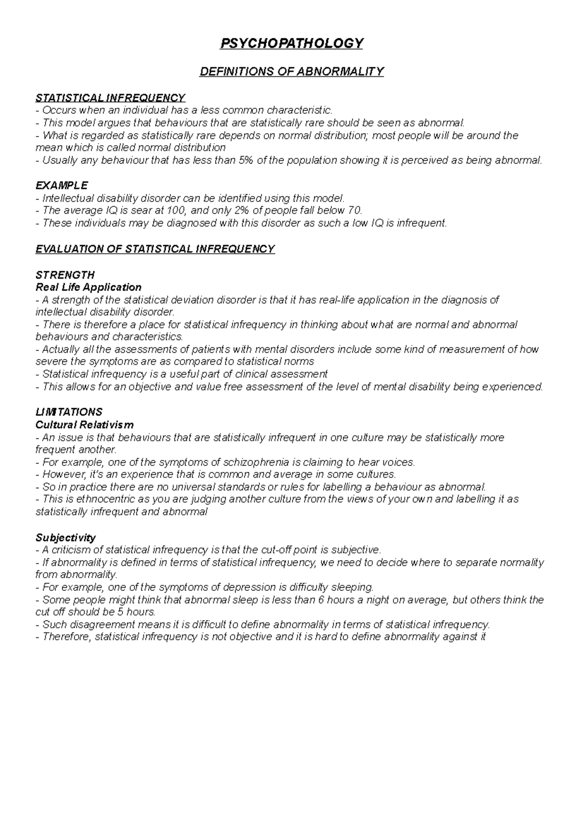 Psychopathology - Notes - PSYCHOPATHOLOGY DEFINITIONS OF ABNORMALITY ...