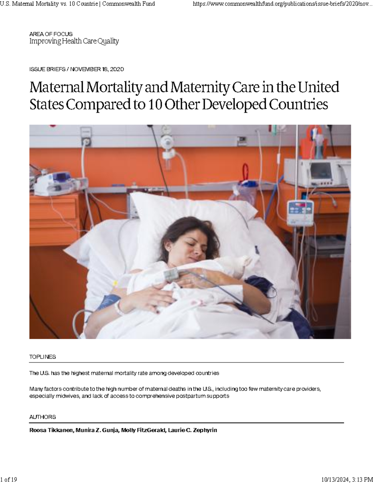 U.S. Maternal Mortality vs. 10 Countrie Commonwealth Fund - AREA OF ...