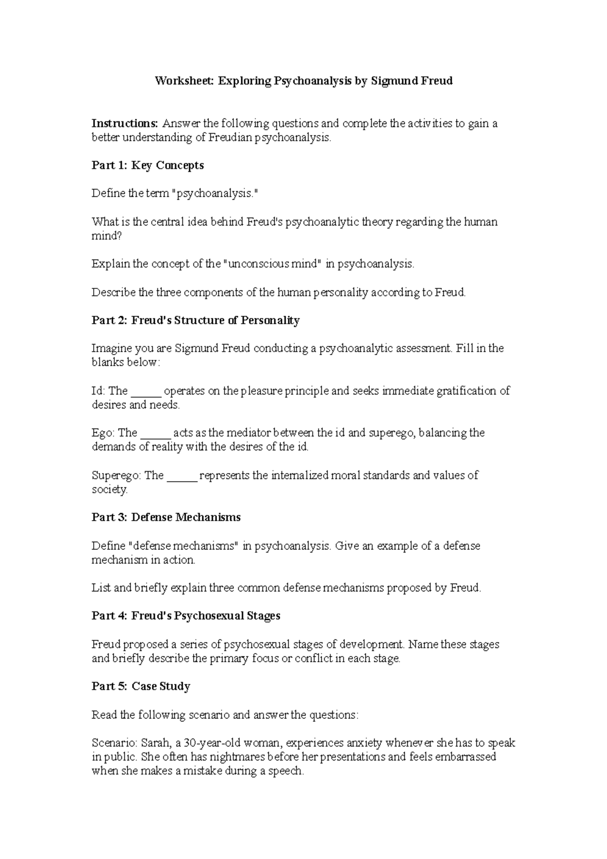Worksheet on Psychoanalysis - Worksheet: Exploring Psychoanalysis by ...
