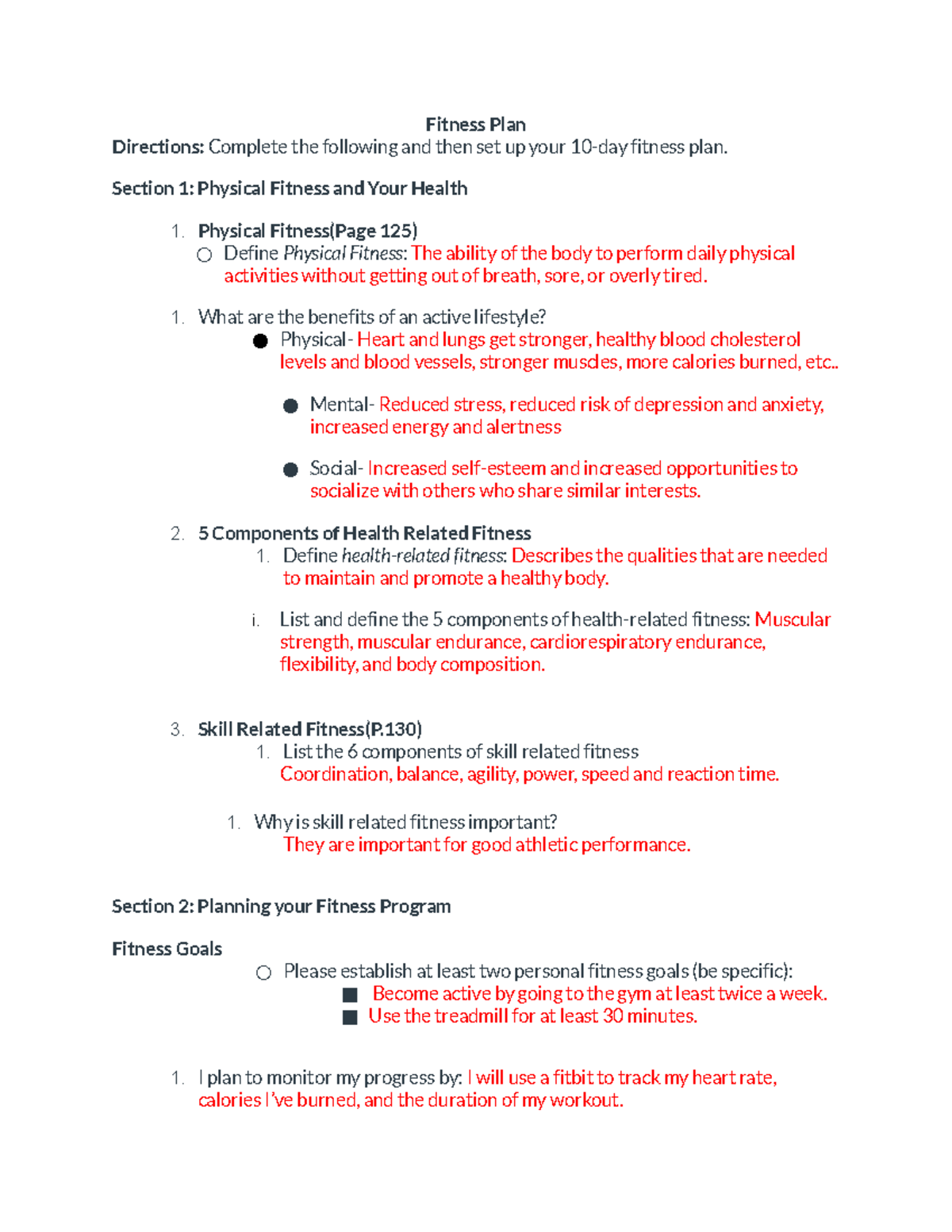 Fitness Plan - Fitness Plan Directions: Complete the following and then ...