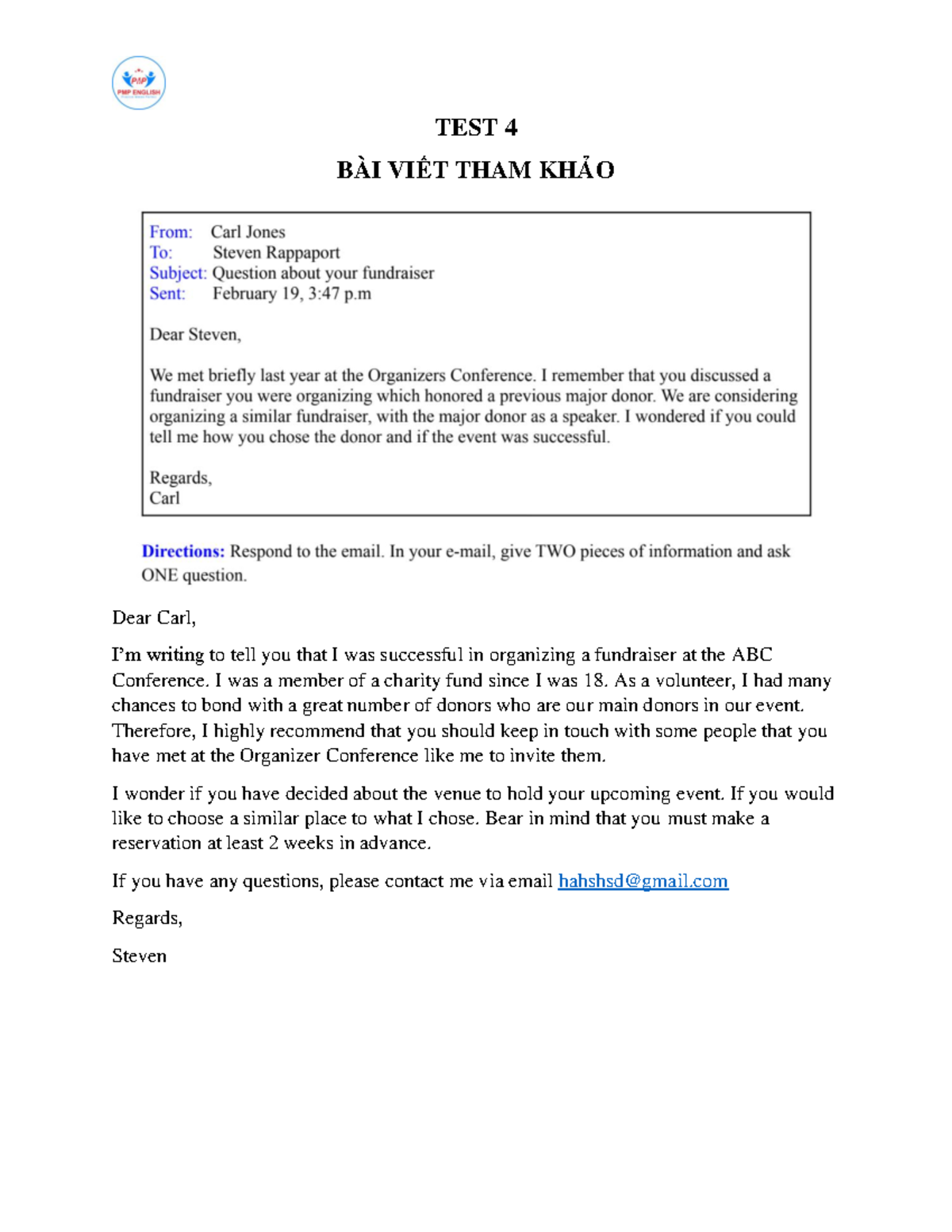 TEST 4 - WRITING PART 2 - TOEIC - TEST 4 BÀI VIẾT THAM KHẢO Dear Carl ...