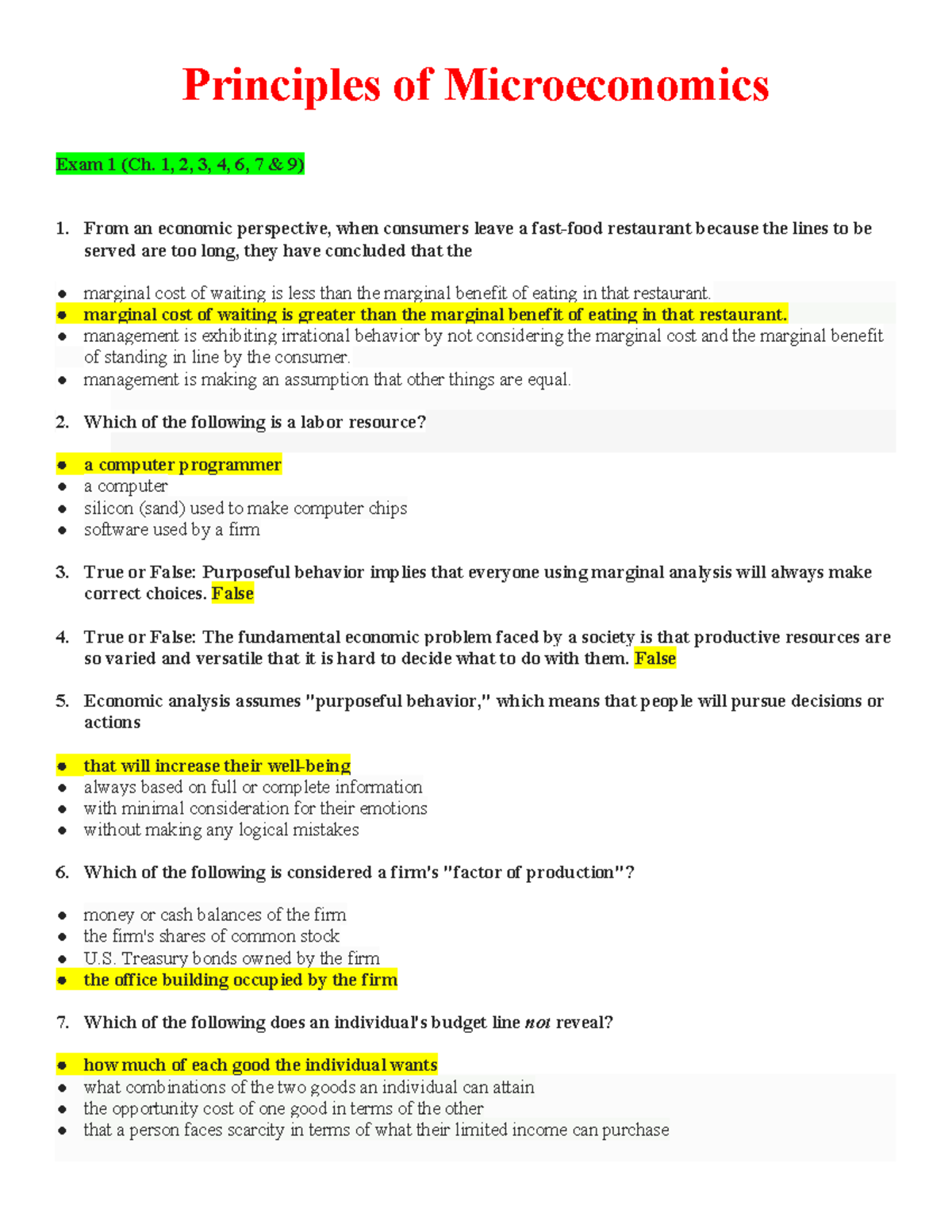 Principles of Microeconomics Exam 1 (Ch. 1, 2, 3, 4, 6, 7 & 9) - Principles of Microeconomics ...