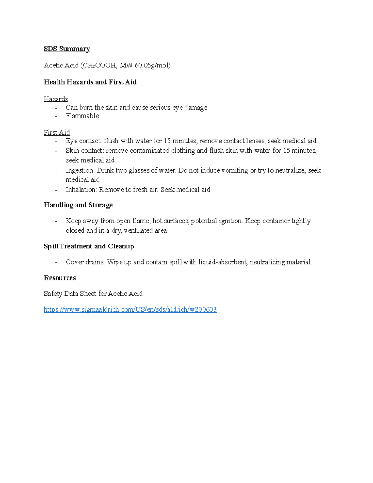 SDS Summary Lab 3 - SDS Summary Acetic Acid (CH 3 COOH, MW 60/mol ...
