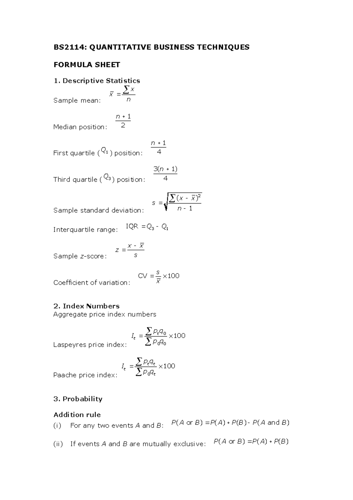 BS2114 Formula sheet - BS2114: QUANTITATIVE BUSINESS TECHNIQUES FORMULA ...