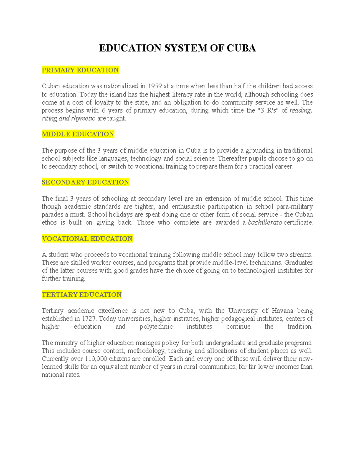 Education System OF CUBA - EDUCATION SYSTEM OF CUBA PRIMARY EDUCATION Cuban education was - Studocu