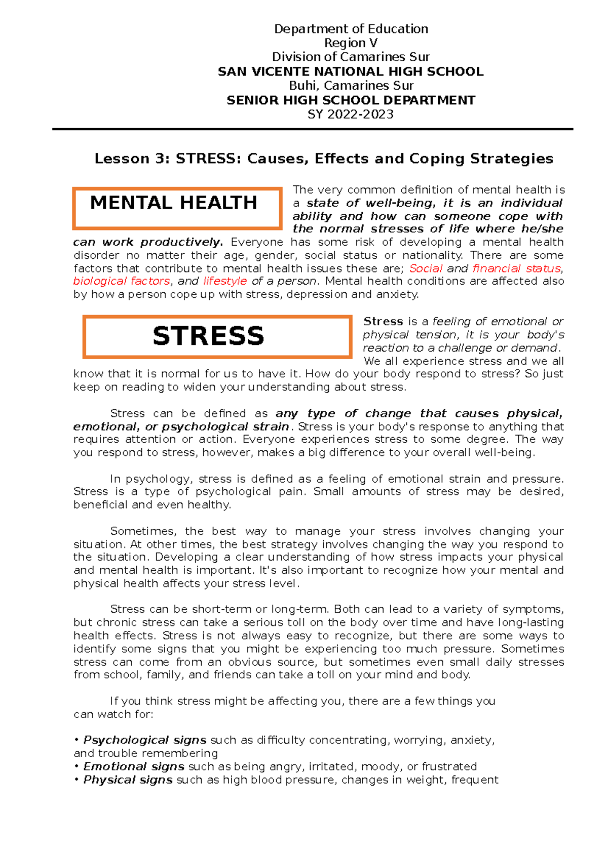 Lesson 3 Stress Causes Effects and Coping Strategies - Department of ...