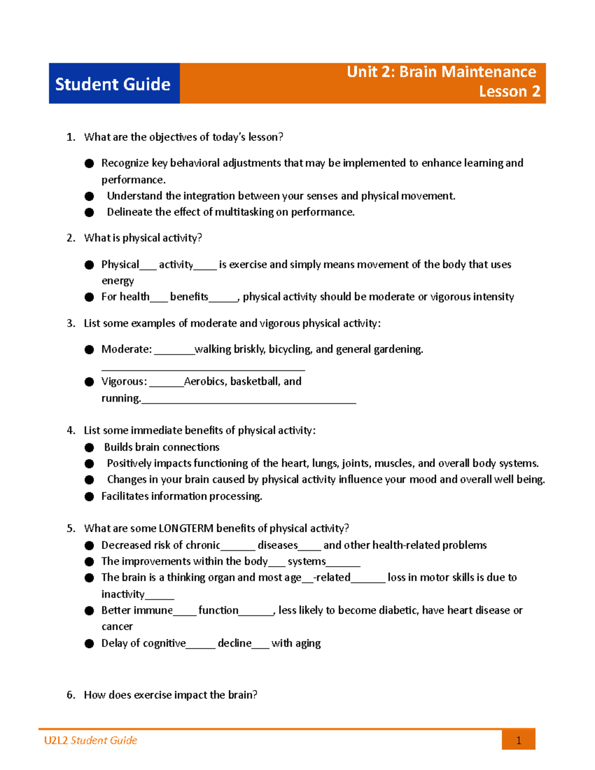 U2L2 Student Guide - Student Guide Unit 2: Brain Maintenance Lesson 2 ...