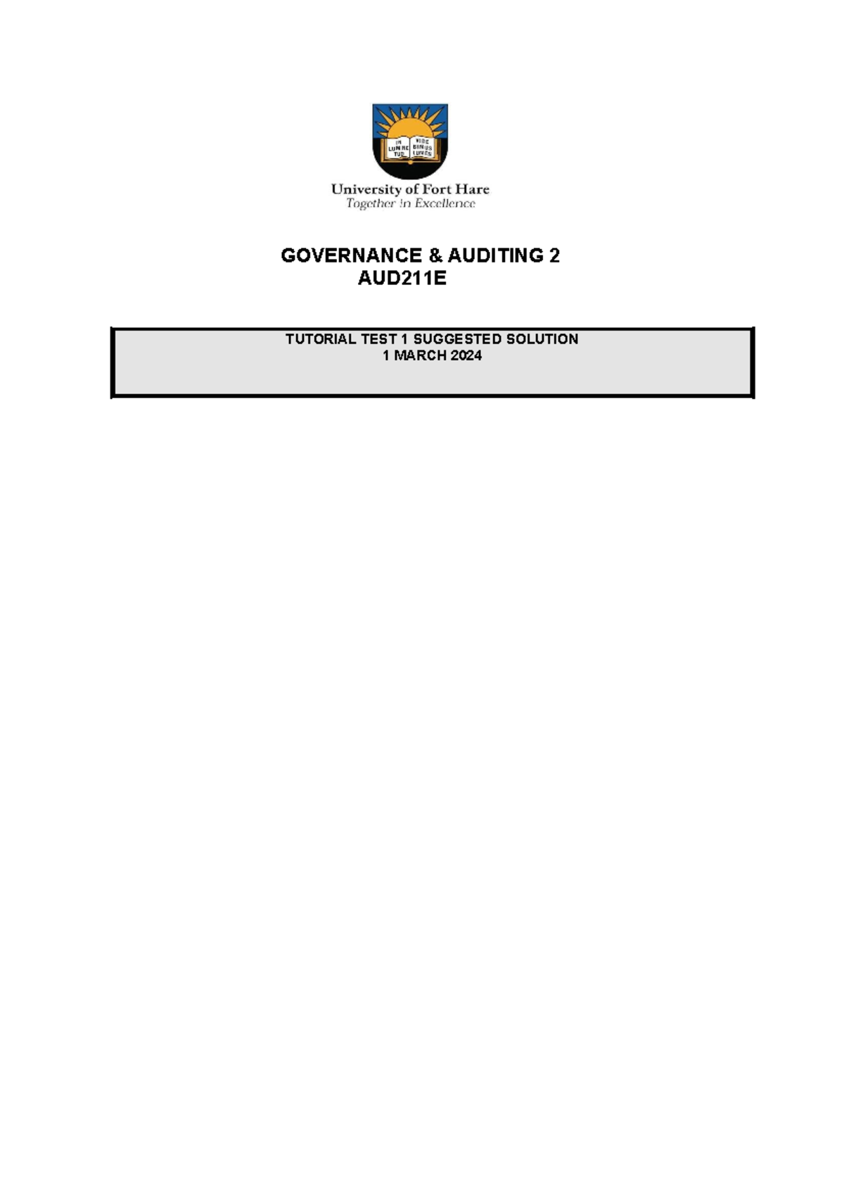 Tut Test 1 - Suggested Solution - GOVERNANCE & AUDITING 2 AUD211E ...