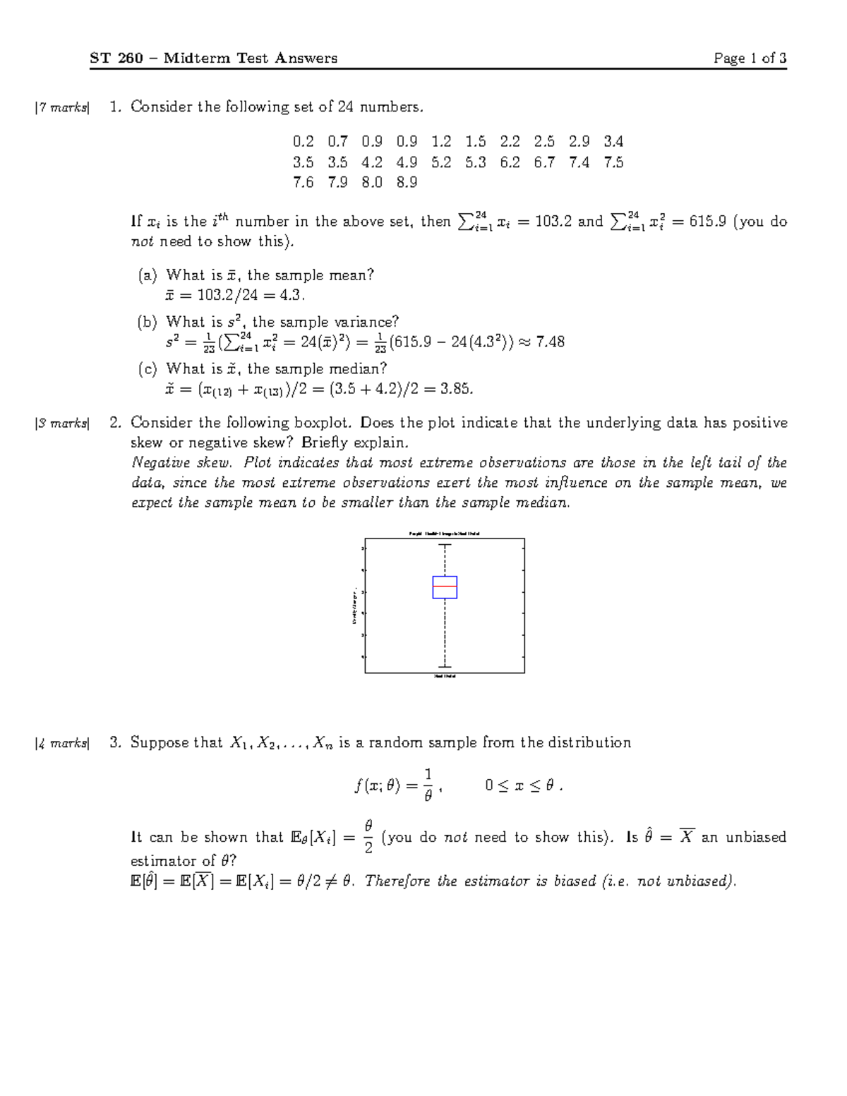 ST260 2016 Midterm - ST 260 – Midterm Test Answers Page 1 of 3 [7 marks ...