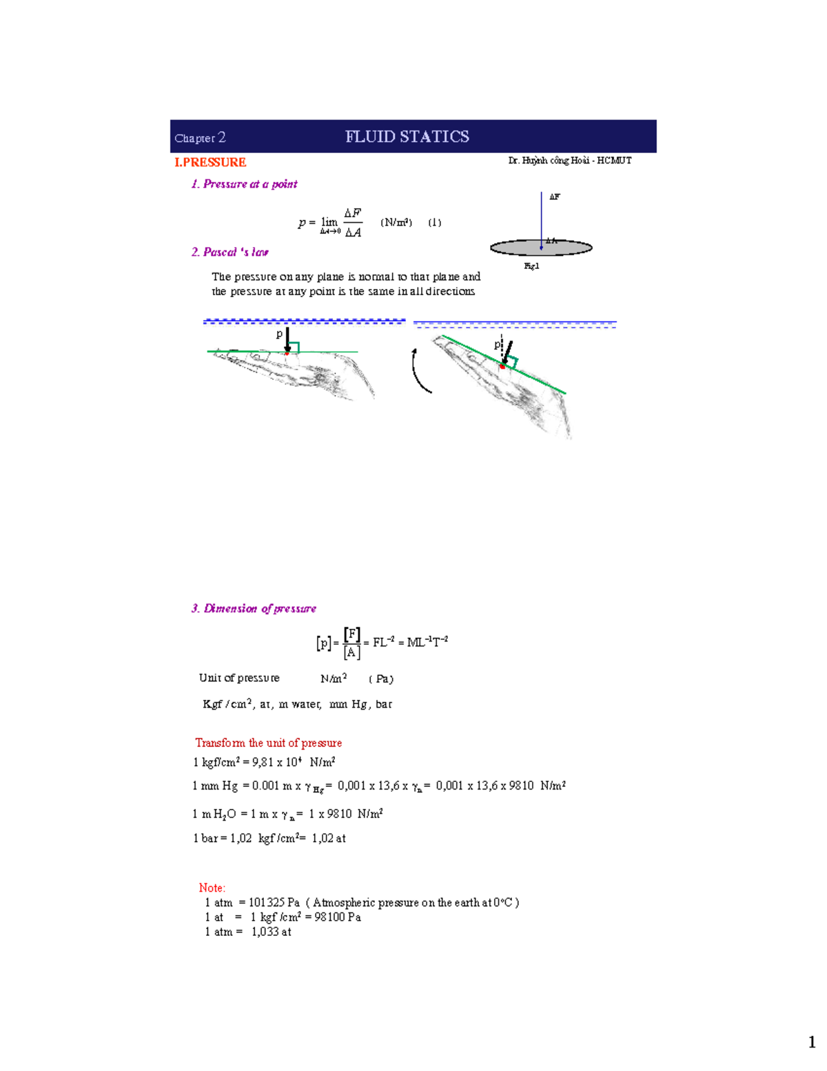 Chapter 2 2022ádf - Chapter 2 FLUID STATICS I A F p A 0 lim (N/m 2 ) (1 ...