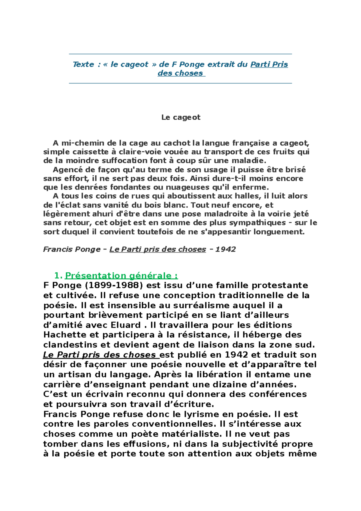Travail a faire le cageot - Texte : « le cageot » de F Ponge extrait du ...
