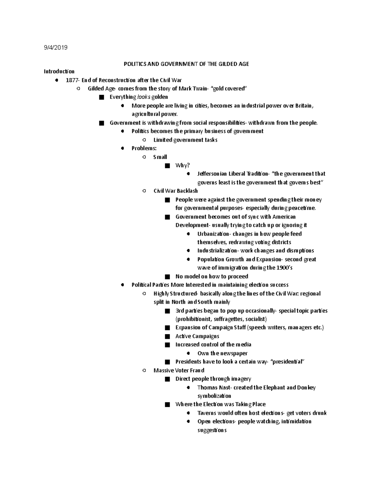 HIST 124 Notes - 9/4/ POLITICS AND GOVERNMENT OF THE GILDED AGE ...