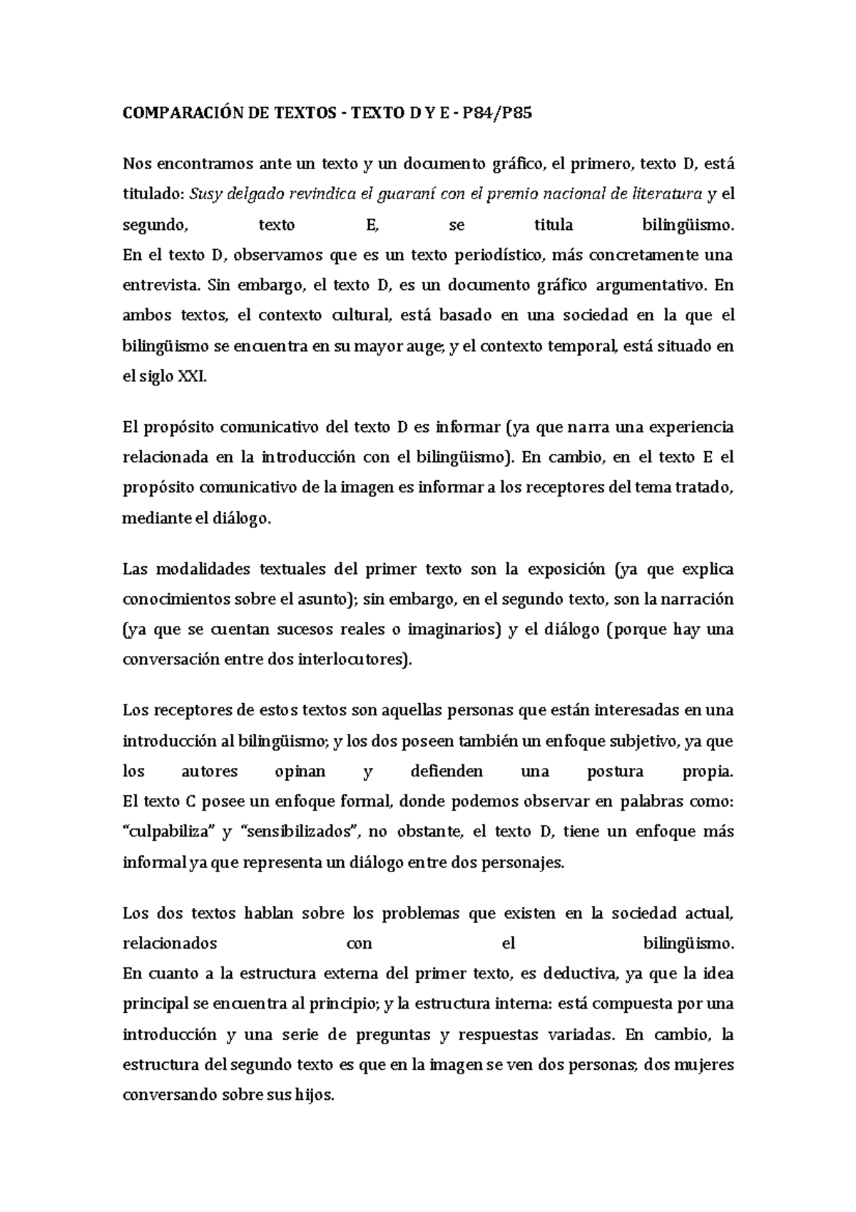 Comparación de Textos Español HL - Studocu