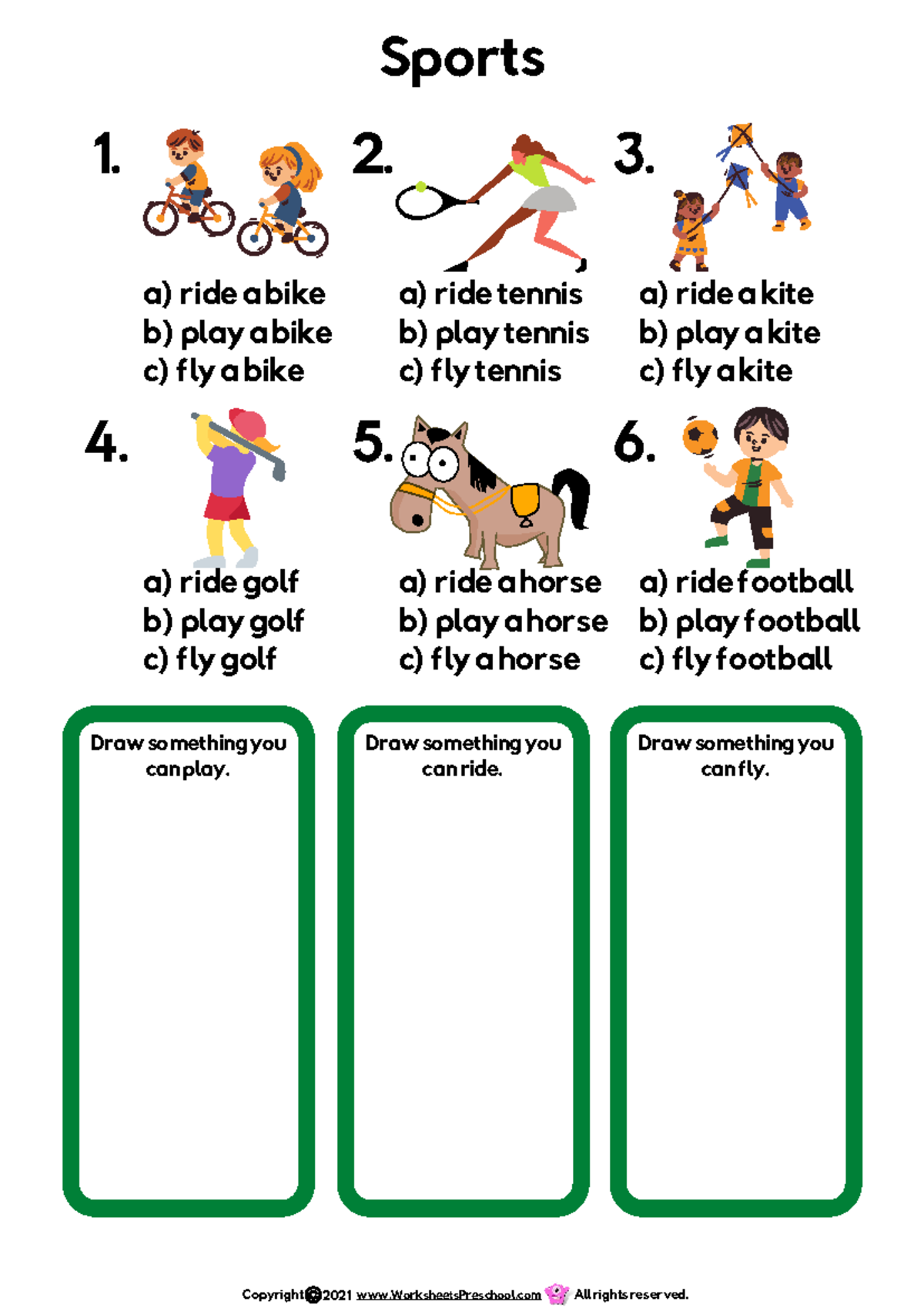 Sports ride play fly worksheet - Pintura - 1. a) ride a bike b) play a ...