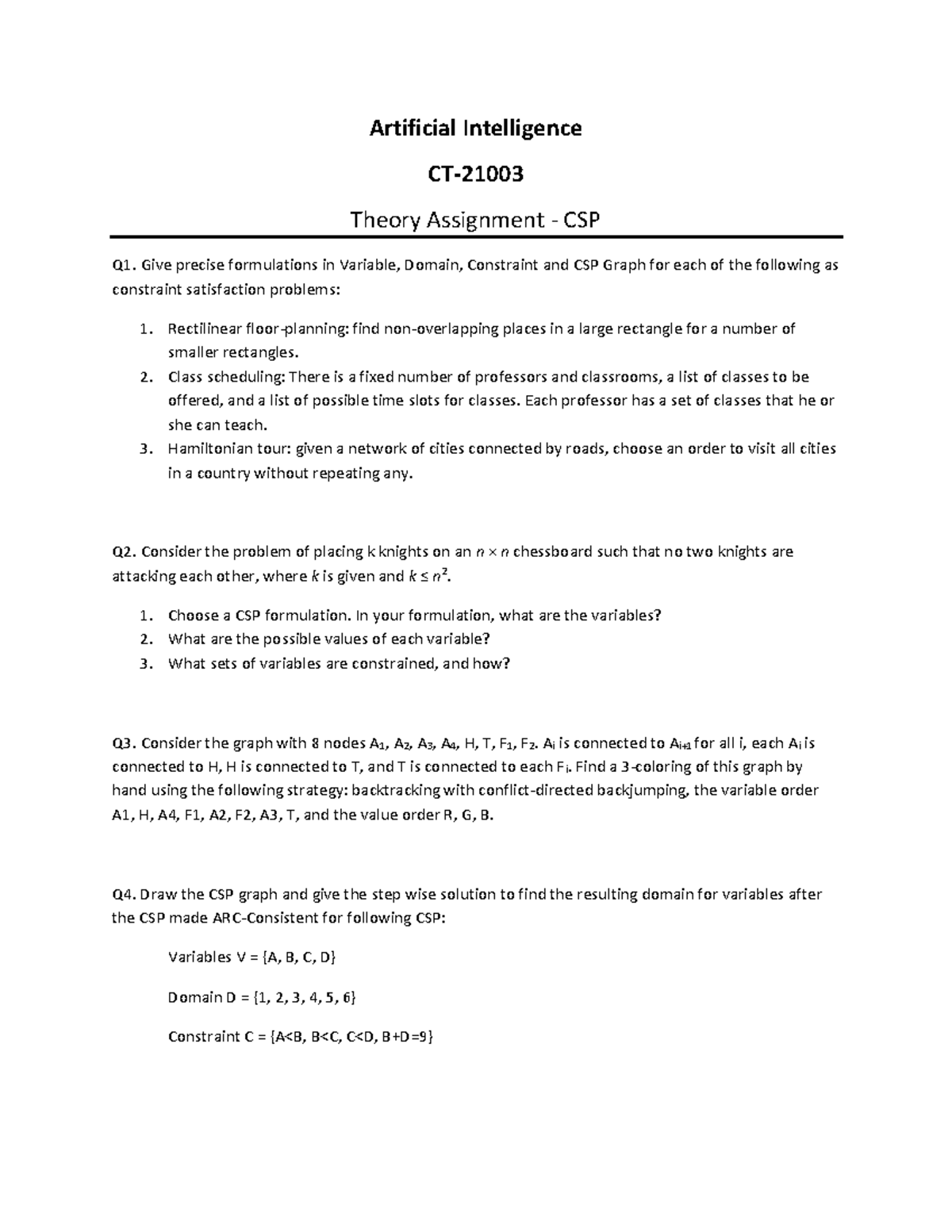 Theory Assignment 5 Csp Artificial Intelligence Ct Theory Assignment