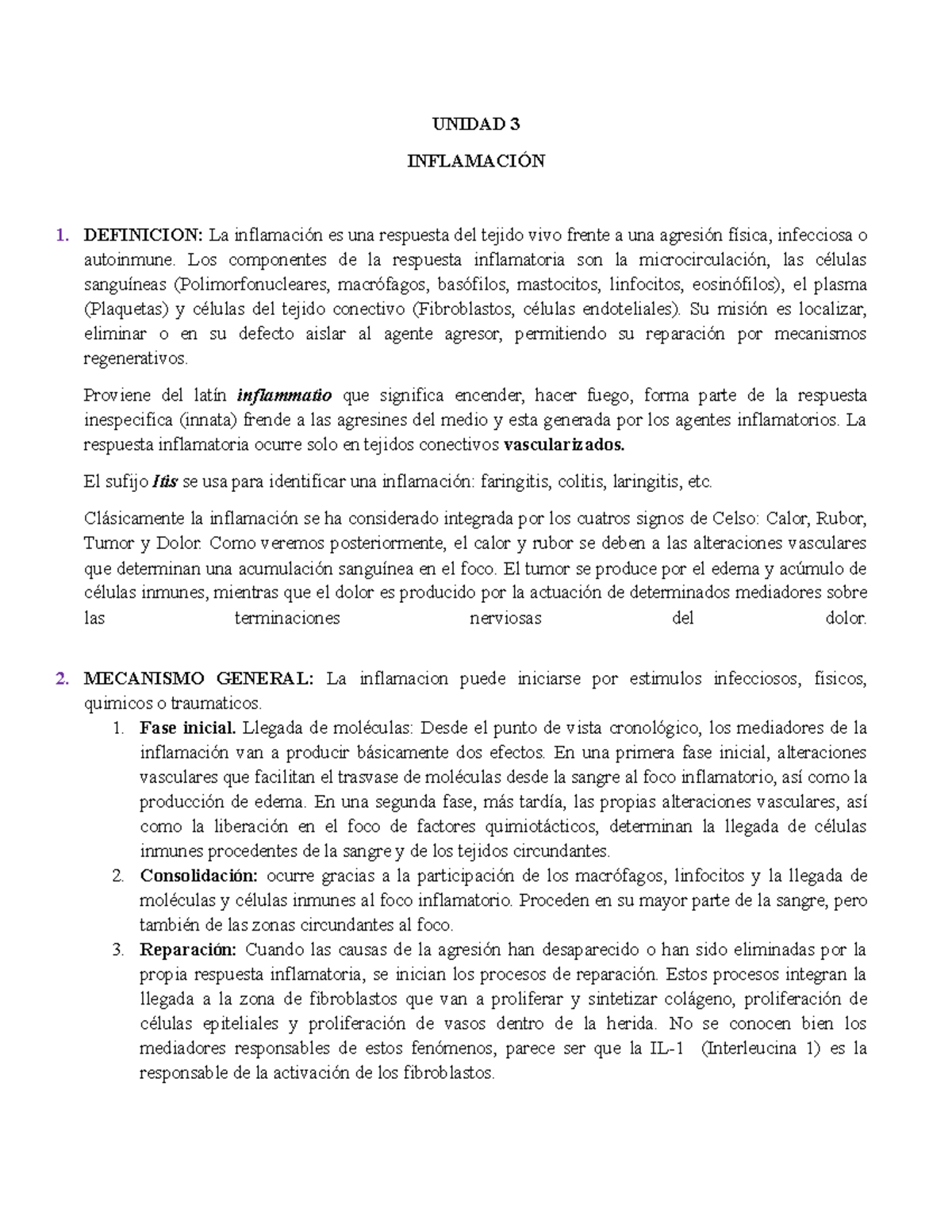 Unidad III - inflamacion - UNIDAD 3 INFLAMACIÓN DEFINICION: La ...