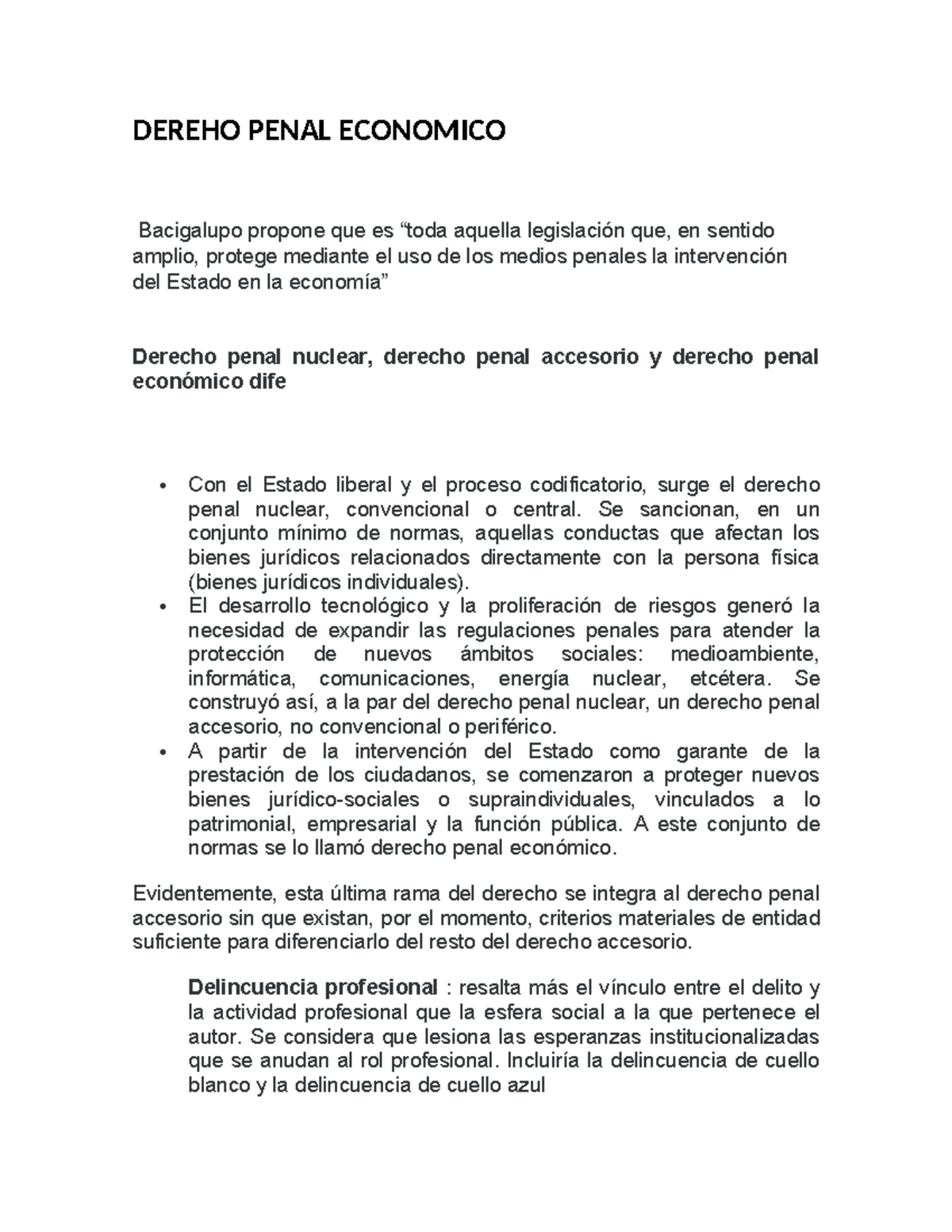 Dereho Penal Economico - DEREHO PENAL ECONOMICO Bacigalupo propone que ...