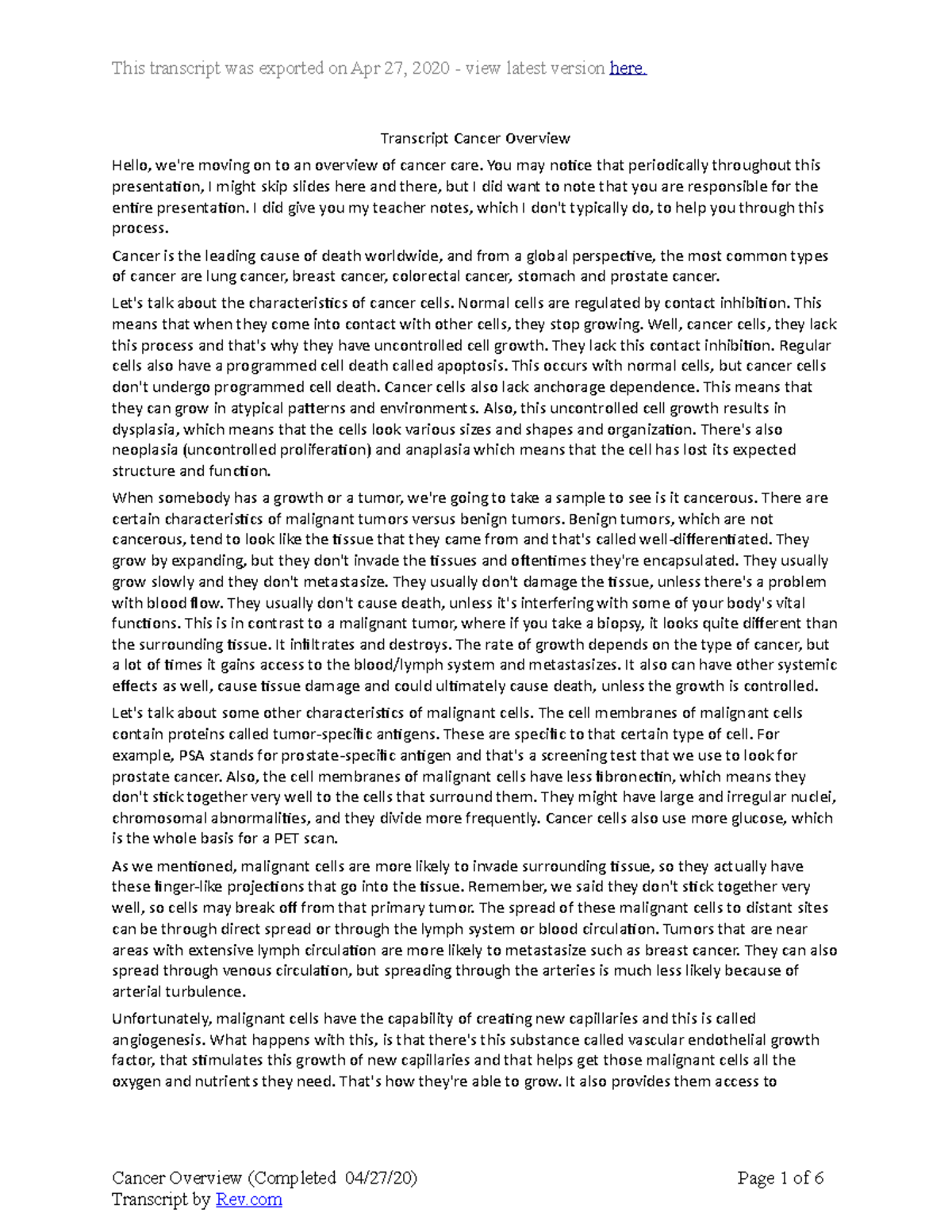 Cancer Overview Transcript details notes class - Transcript Cancer ...