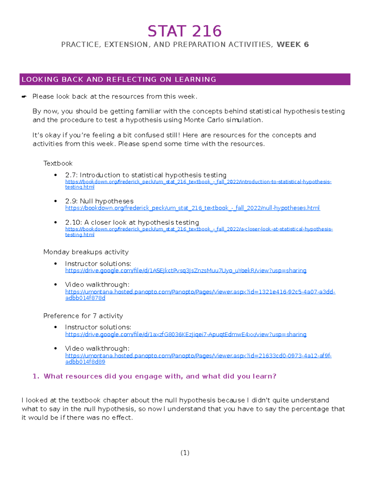 Week 6 - Practice, extension, and preparation activities - STAT 216 ...