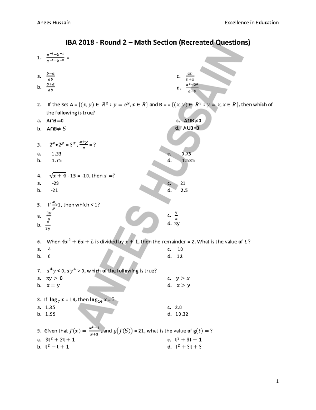 2018 Round 2 - Math-2 - Business mathematics and linear algebra - IBA ...