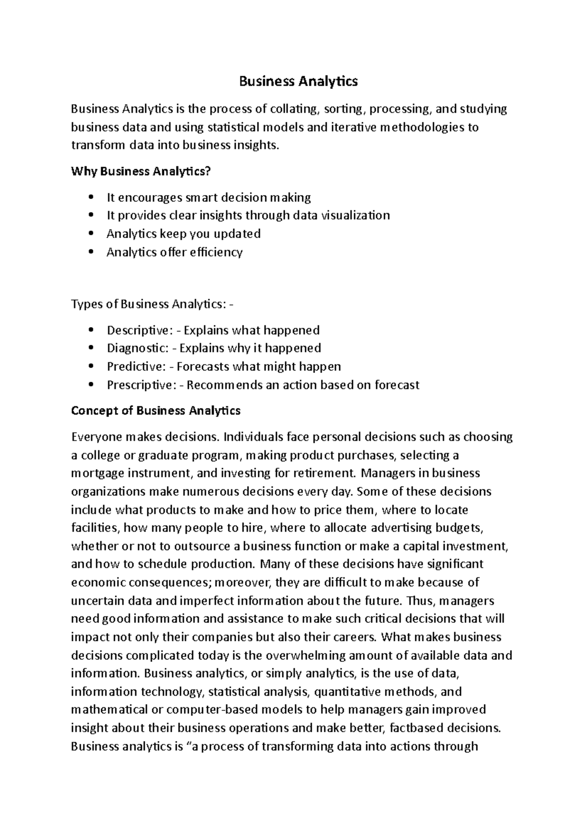Business Analytics Unit 1 Business Analytics Business Analytics Is The Process Of Collating