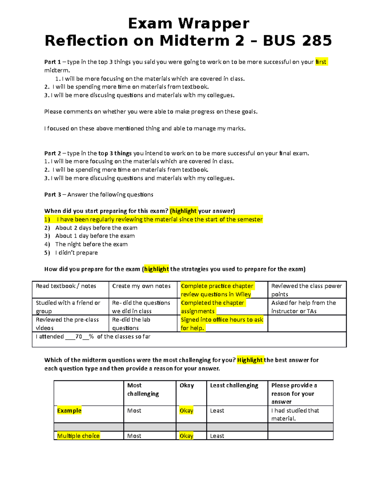Exam wrapper BUS 265 - Exam Wrapper Reflection on Midterm 2 – BUS 285 ...