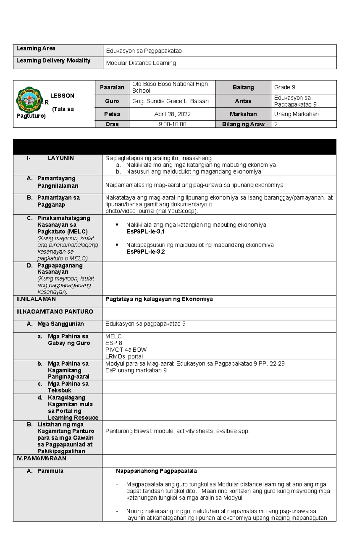 Lesson exemplar - Learning Area Edukasyon sa Pagpapakatao Learning ...
