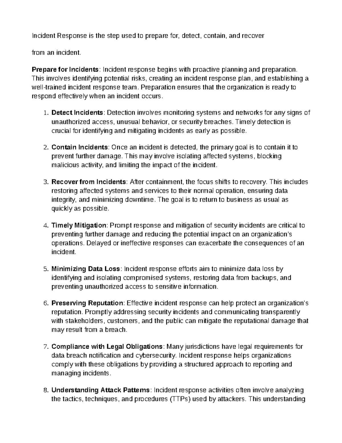 DPI Notes Pt 1 - Incident Response is the step used to prepare for ...