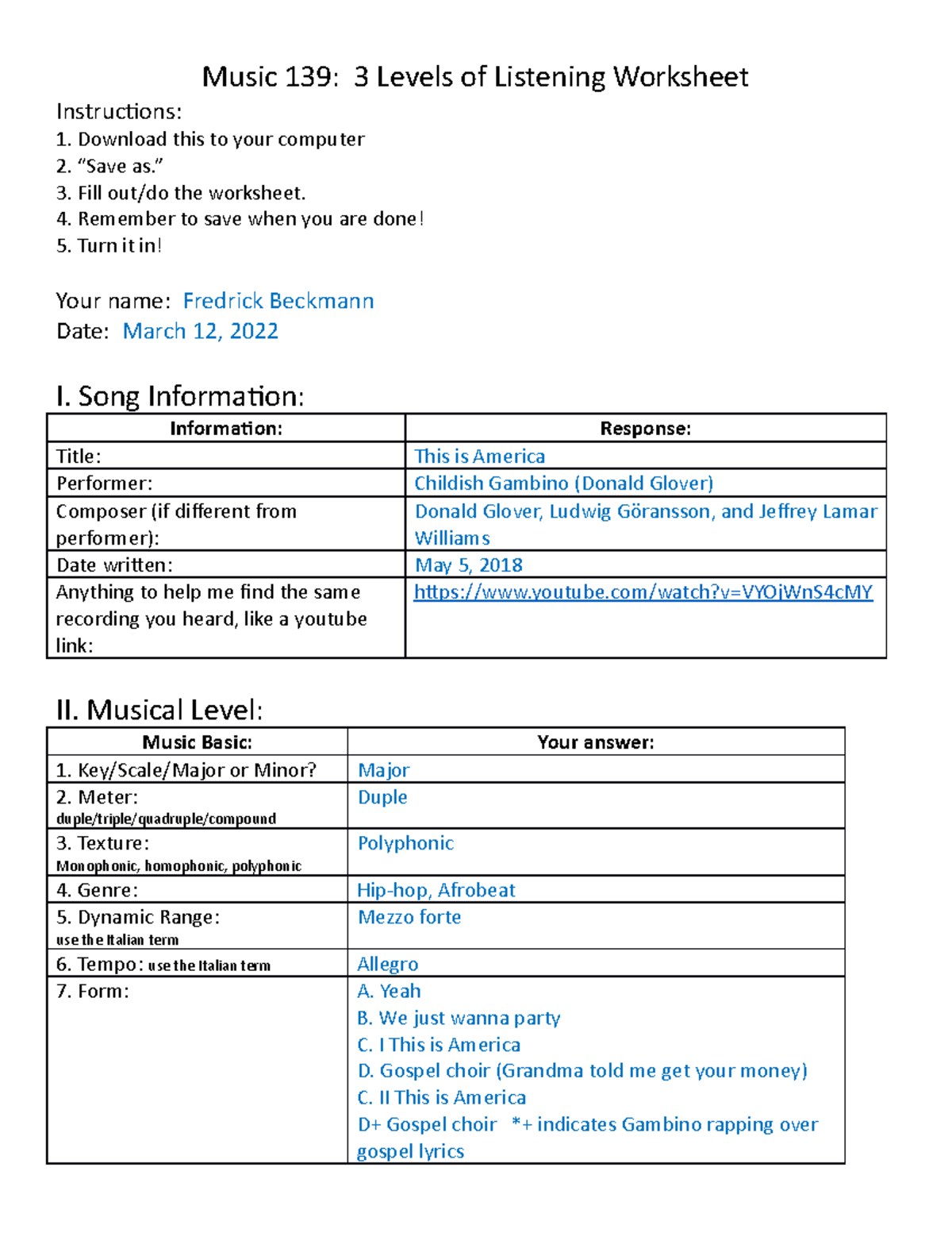 3 Levels of Listening Worksheet Assignment #3 - Music 139: 3 Levels of ...