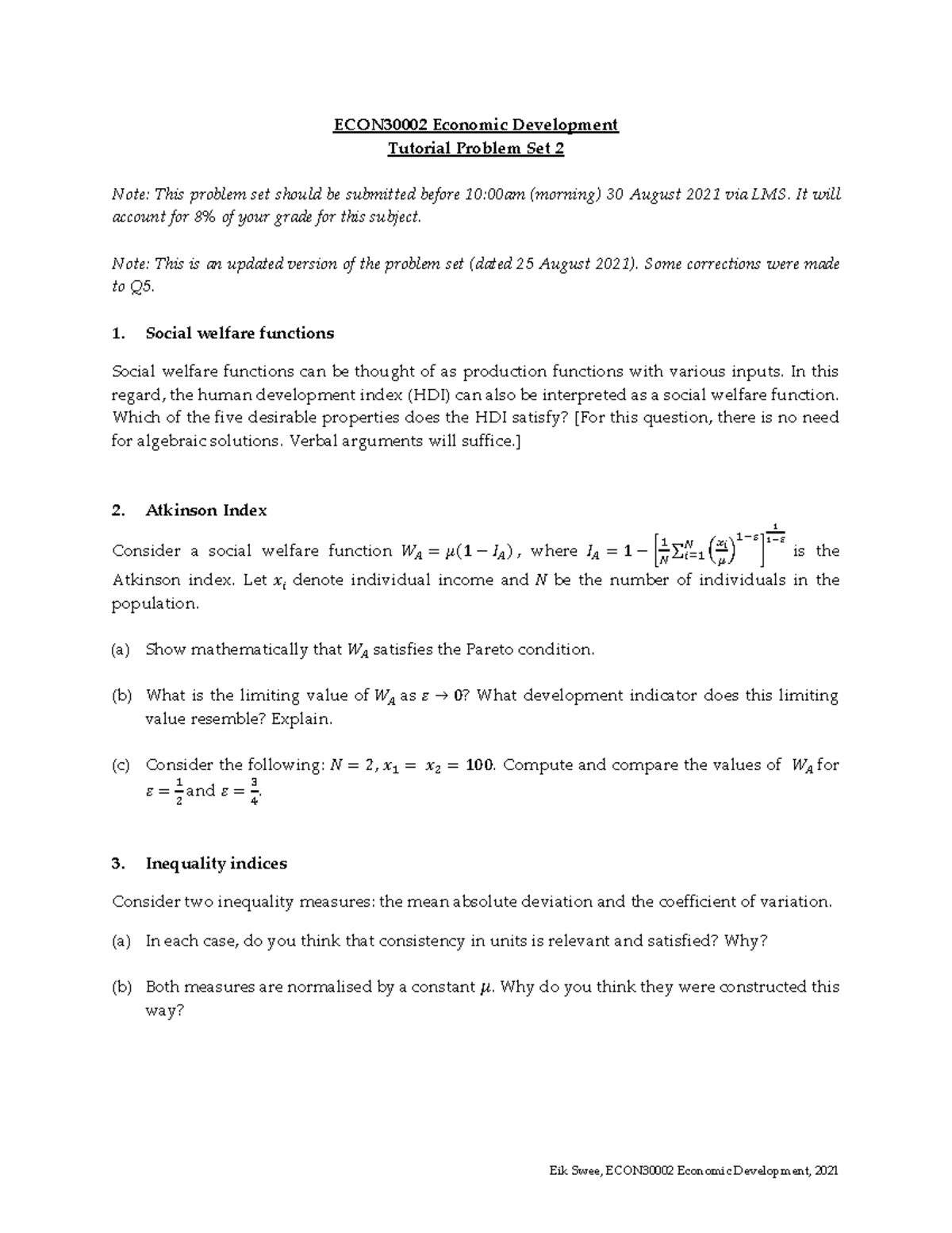 Problem set 2 (updated): Sem 2 2021 - ECON30019 - Unimelb - Studocu
