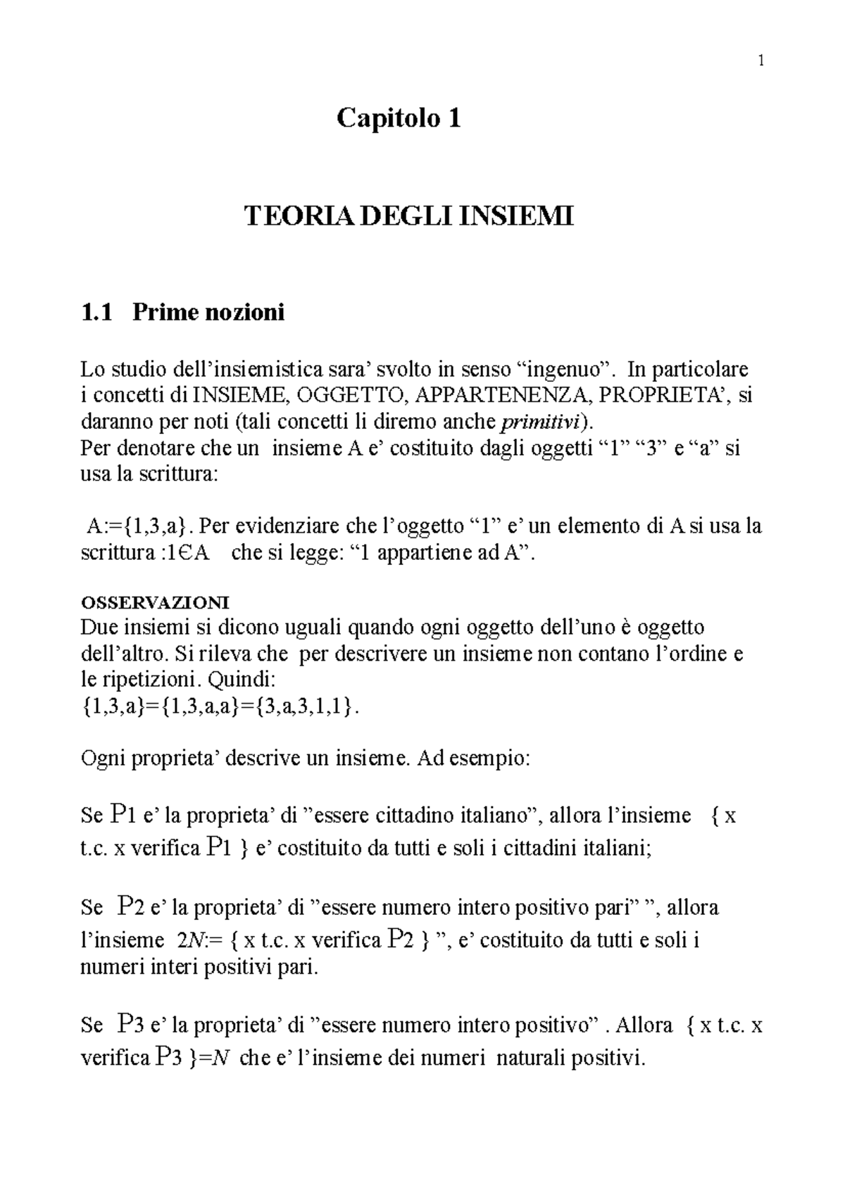 Insiemistica - Appunti di Matematica discreta - Capitolo 1 TEORIA DEGLI ...