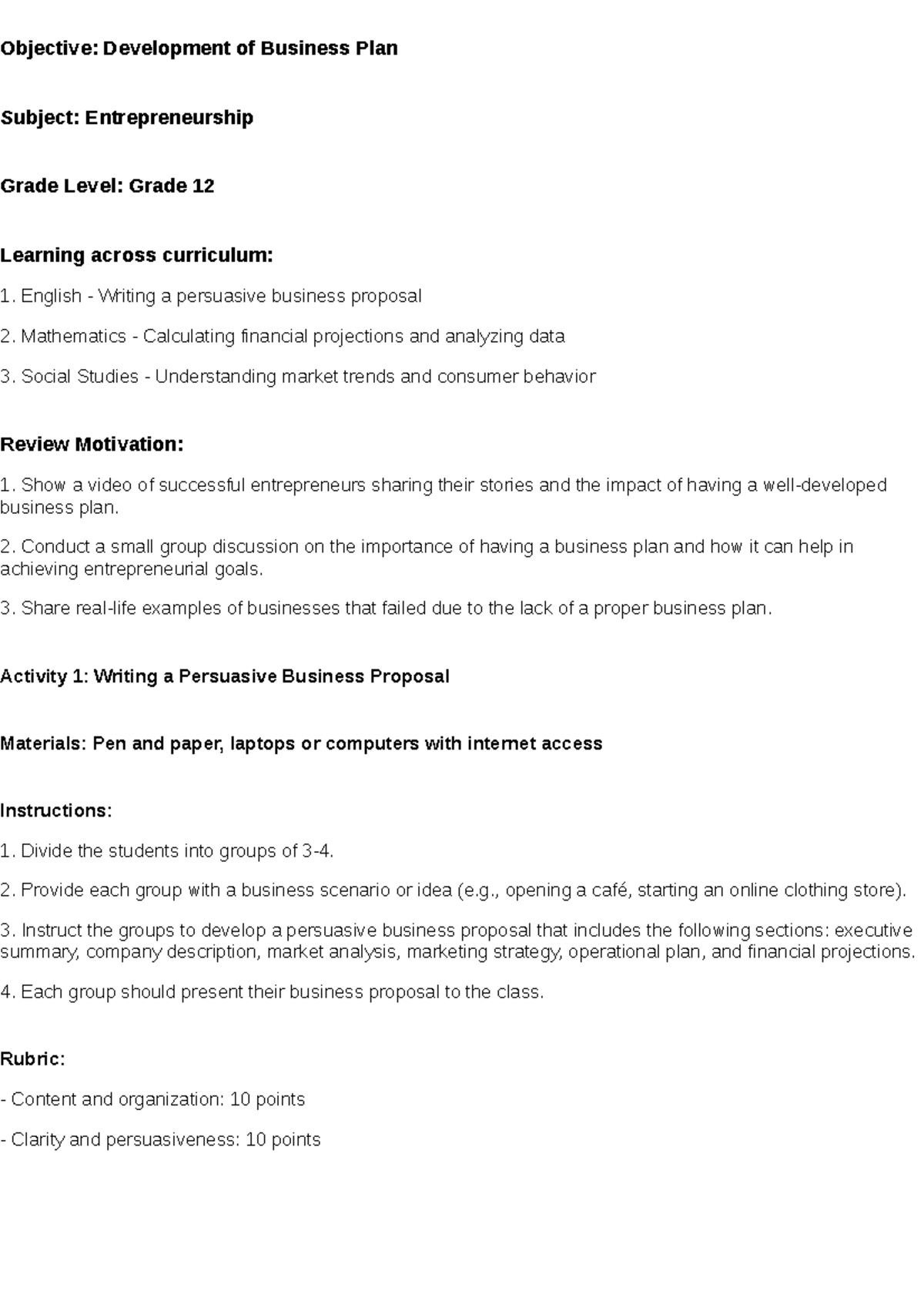 Lesson plan - Objective: Development of Business Plan Subject ...